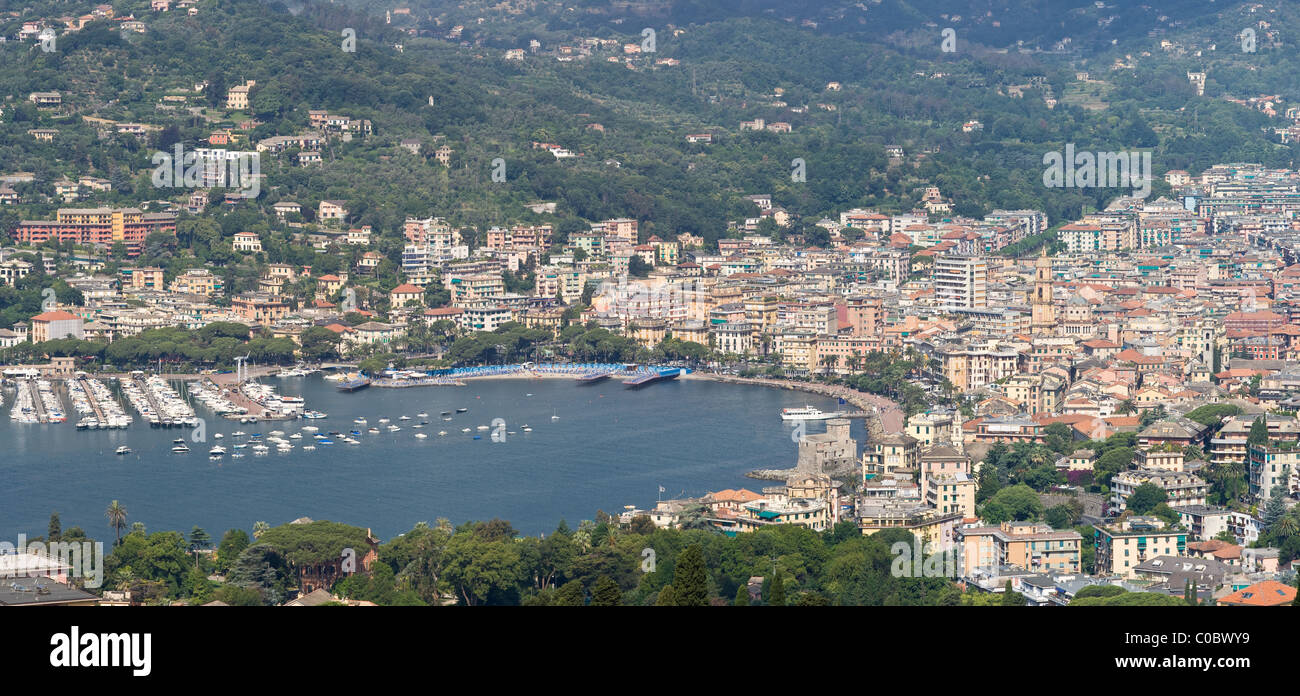 Aerial view of Rapallo with the characteristic castle and promenade ...