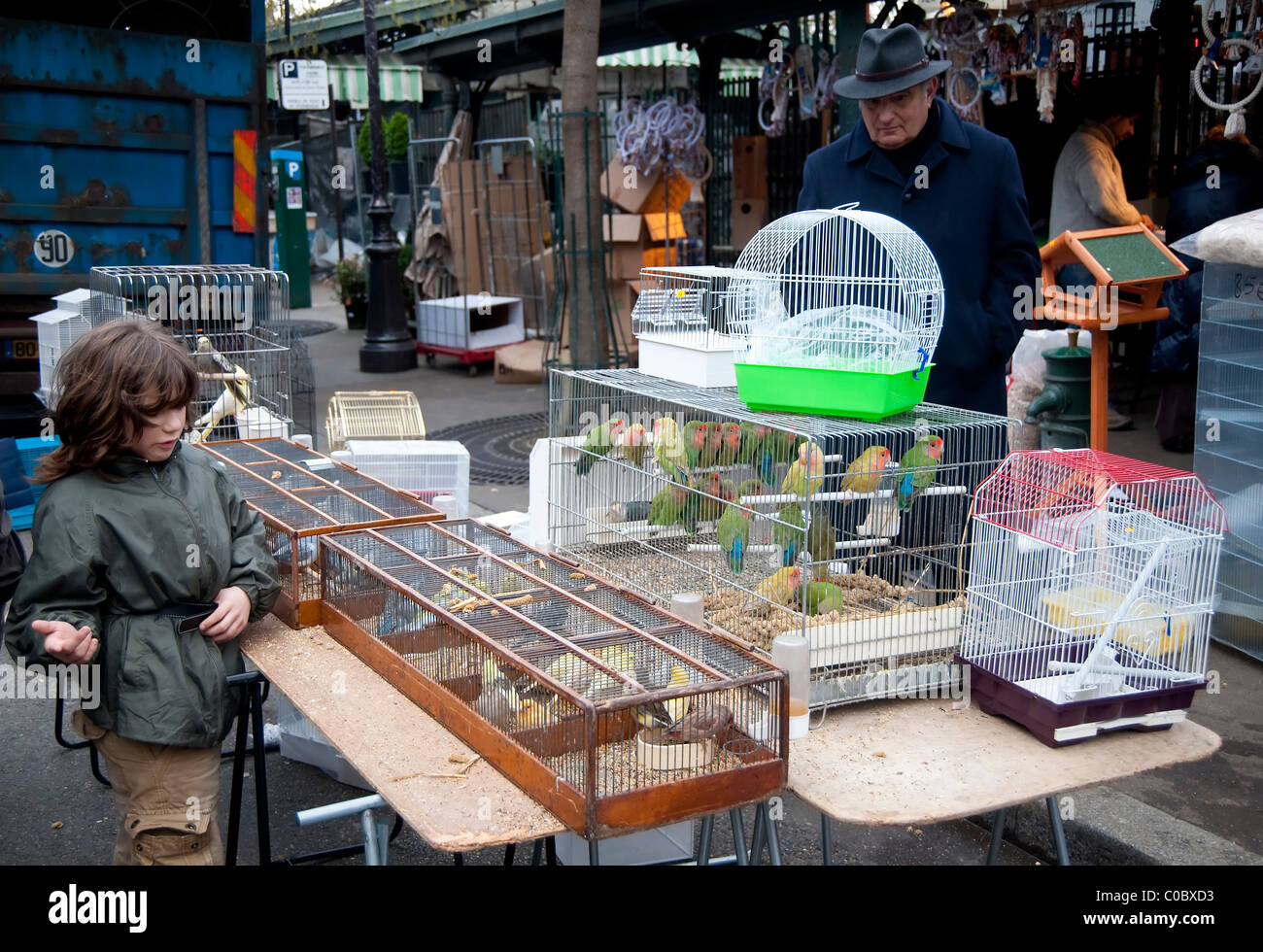 Paris, France - people visiting the birds market ( Marche aux oiseaux ...