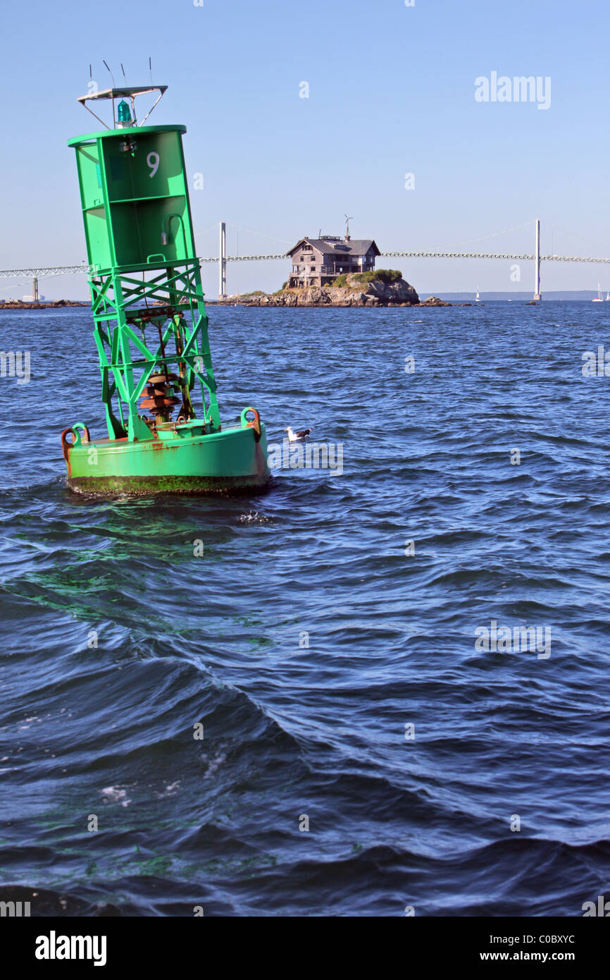 Newport Bridge in Rhode Island with buoy in foreground and Clingstone ...