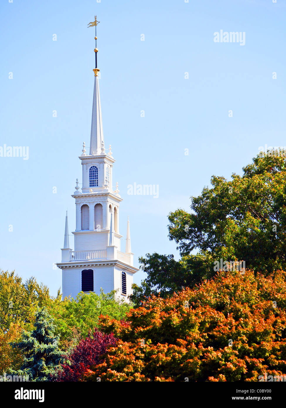 White new england style colonial church spire in fall Stock Photo - Alamy