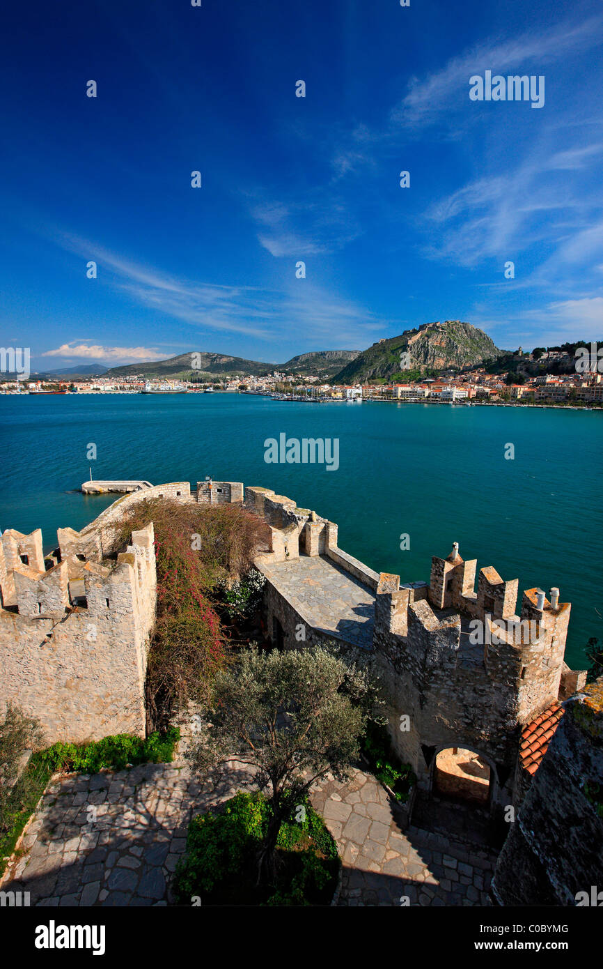 Inside view of Bourtzi castle upon a tiny island, with Nafplio town and ...