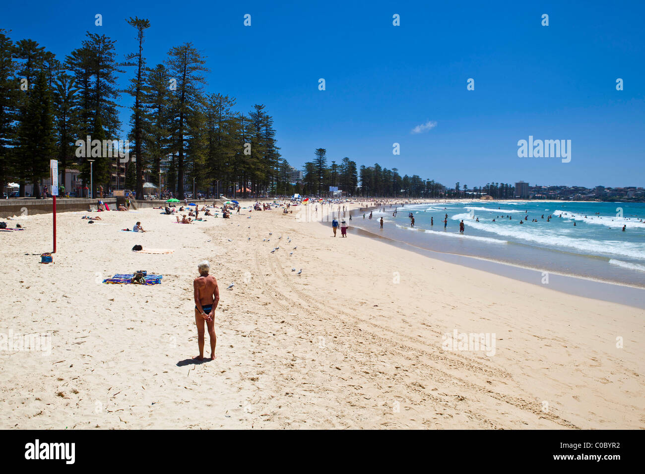 A man watches sunseekers and swimmers on Manly Beach Stock Photo - Alamy