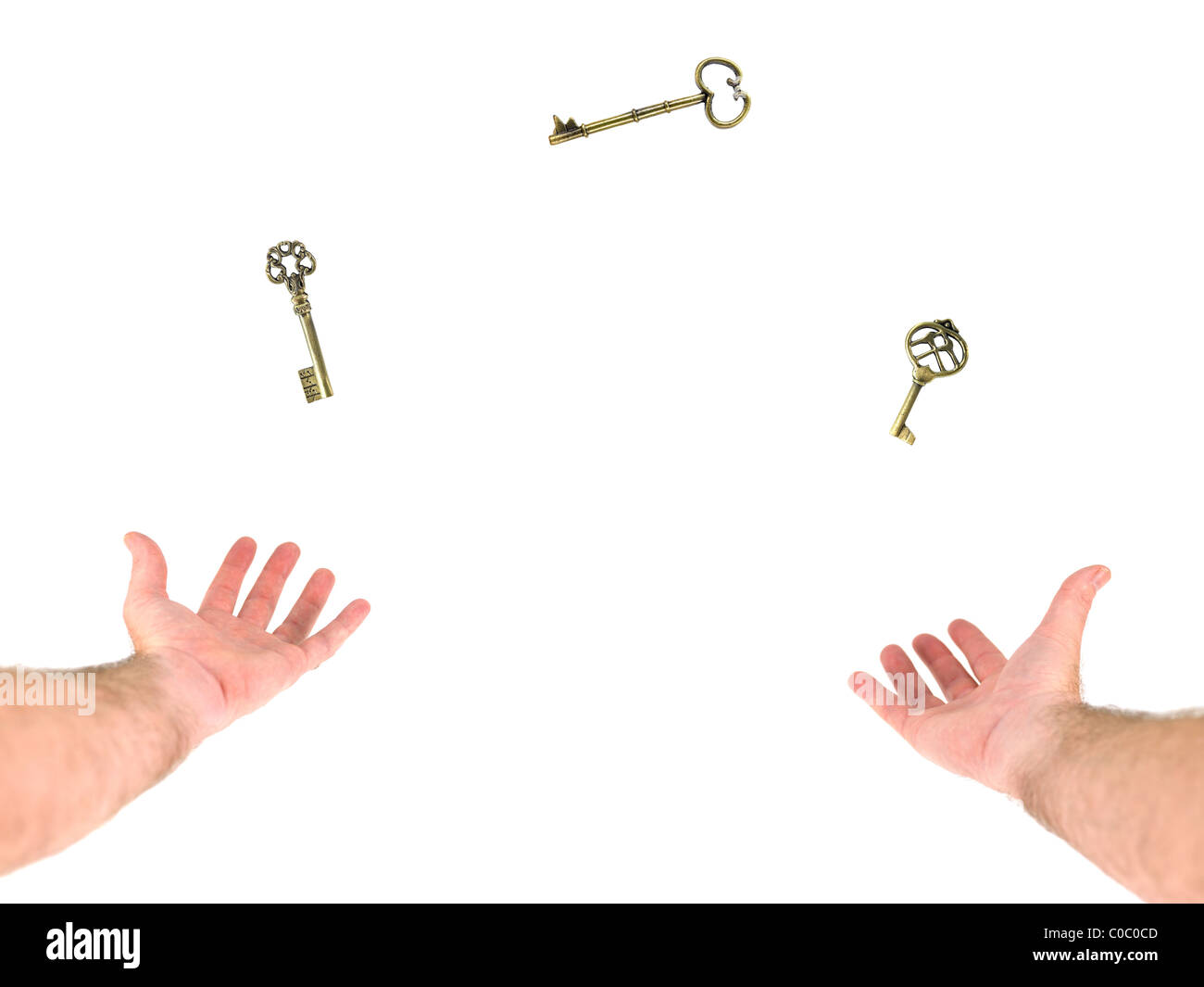 A person juggling keys on a white background Stock Photo - Alamy
