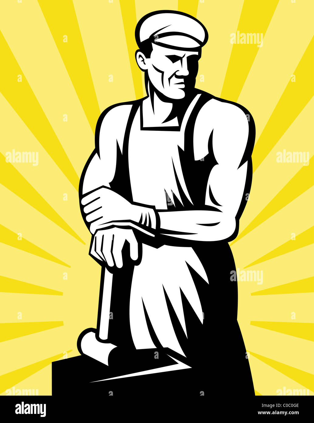 illustration of a Blacksmith posing with a hammer with sunburst in ...