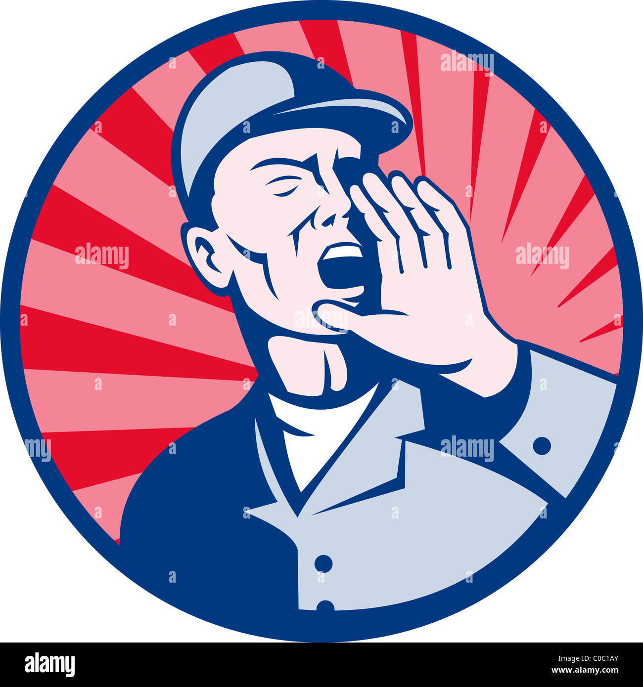 illustration of a worker shouting hands on mouth set inside circle with ...