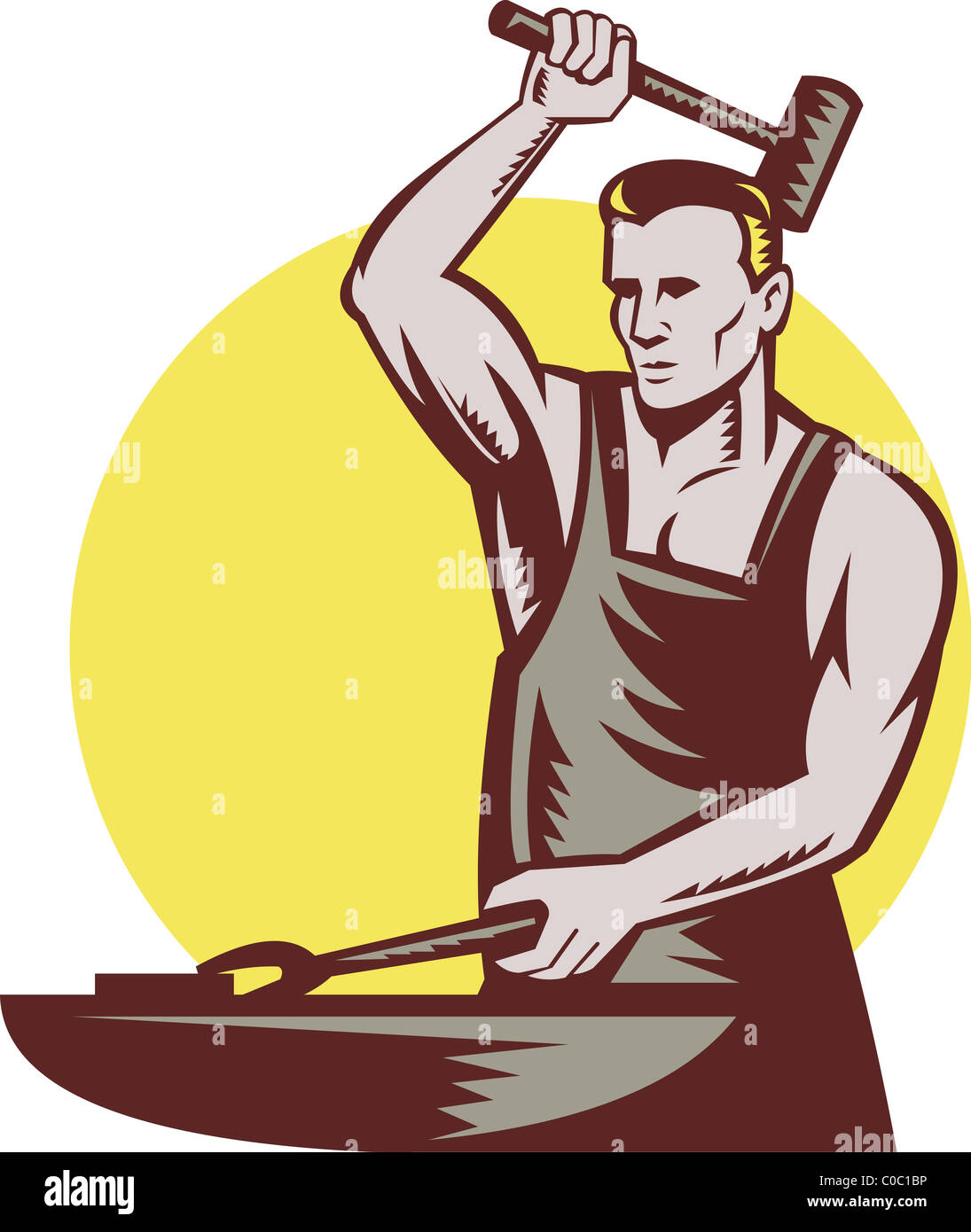 retro style illustration of a male worker or blacksmith striking hammer ...