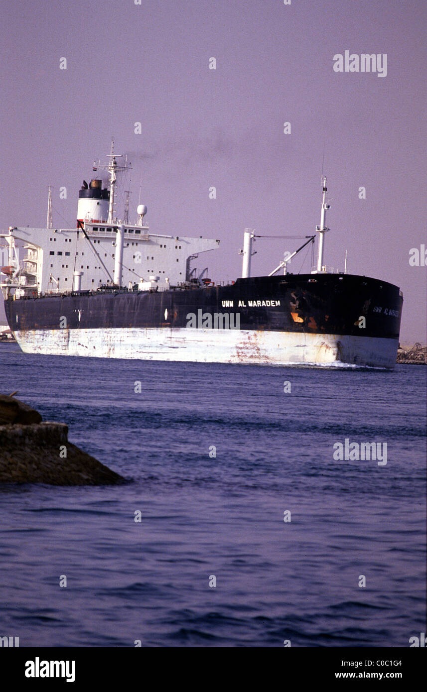 A supertanker in Suez Canal, connecting the Red and Mediterranean seas ...