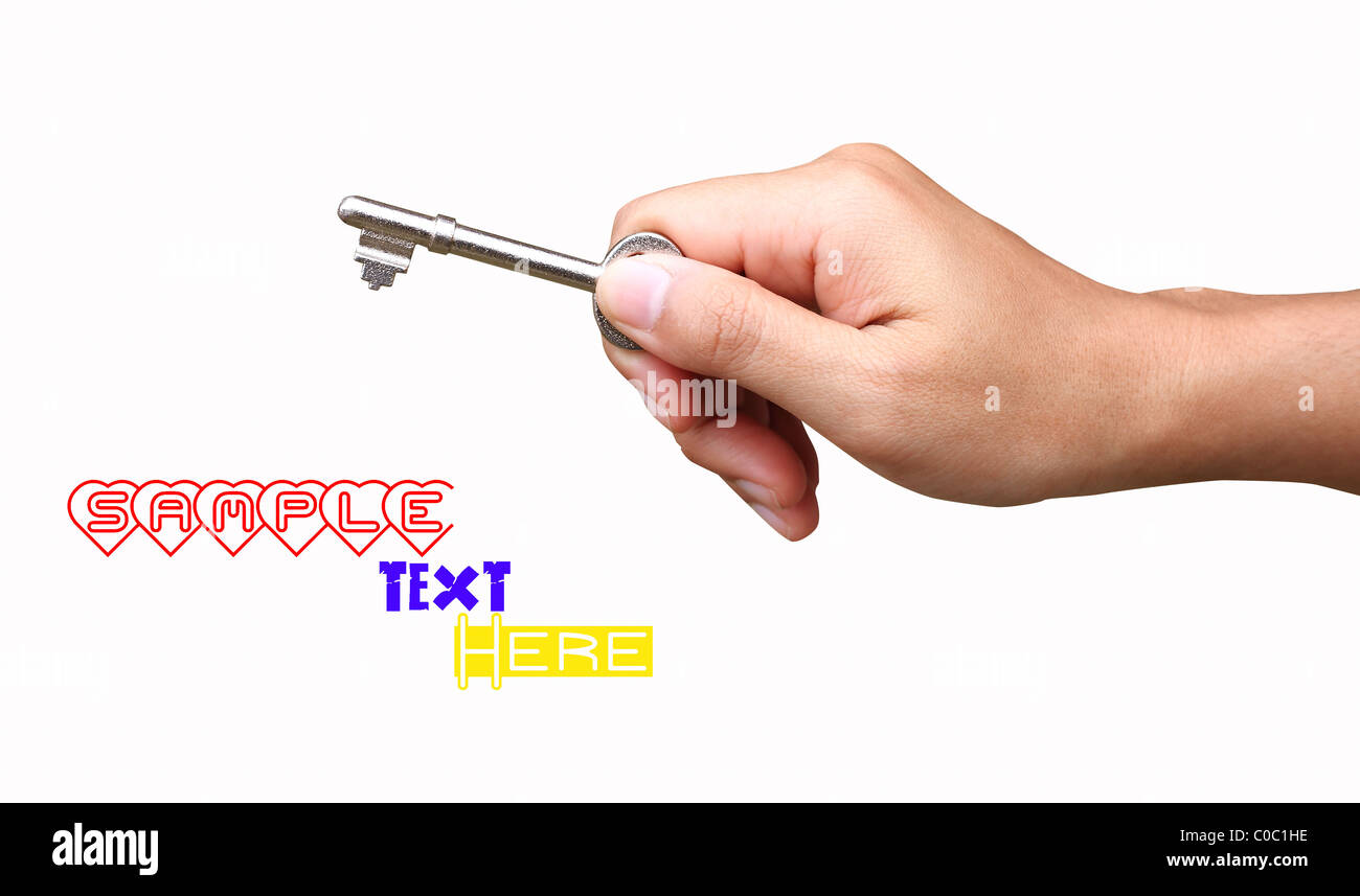 Hand with key over white background Stock Photo - Alamy
