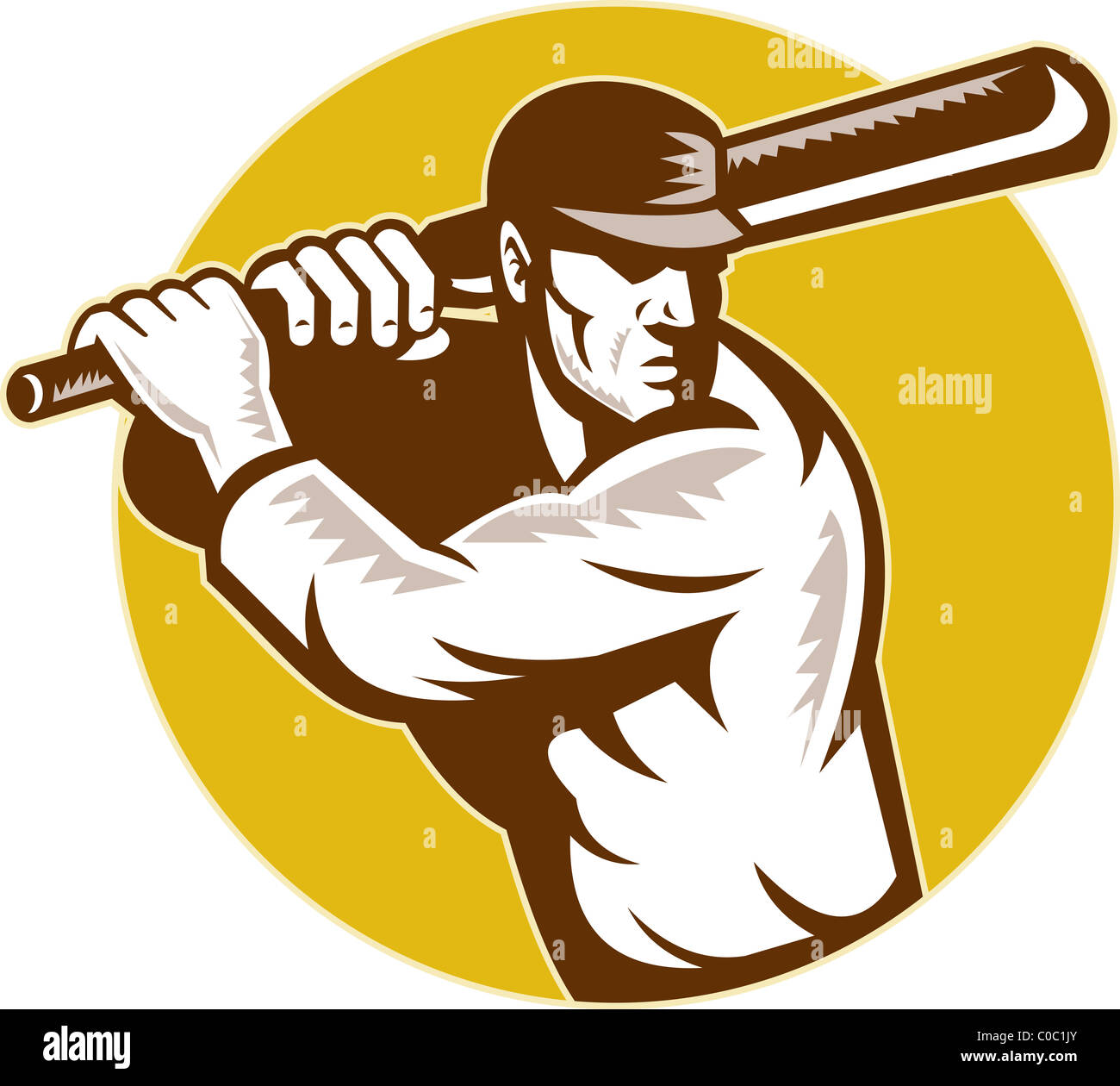 illustration of a cricket batsman batting front view done in woodcut ...