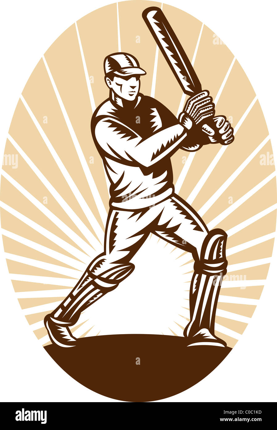 illustration of a cricket batsman batting front view done in woodcut ...