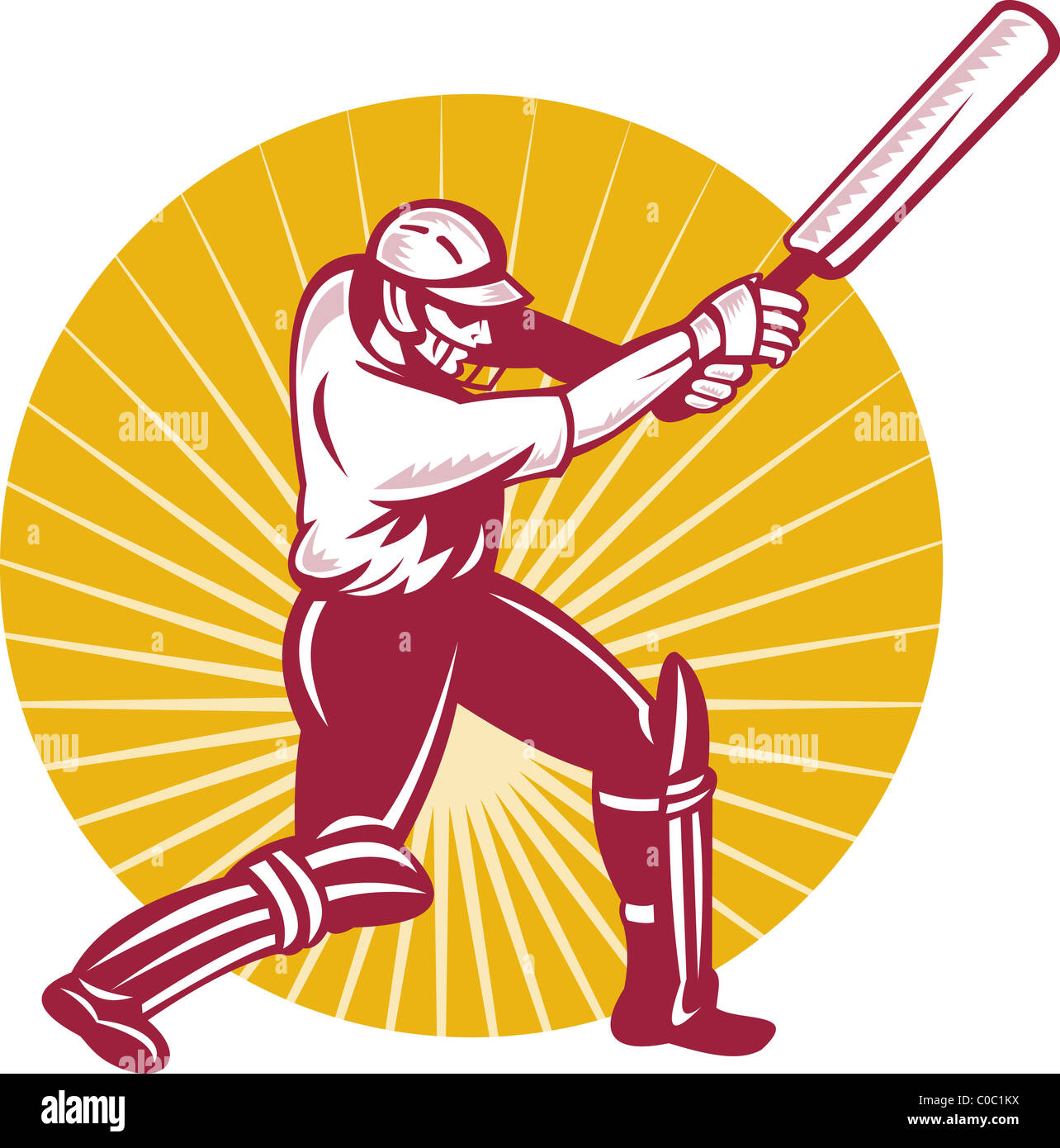 illustration of a cricket batsman batting front view done in woodcut ...
