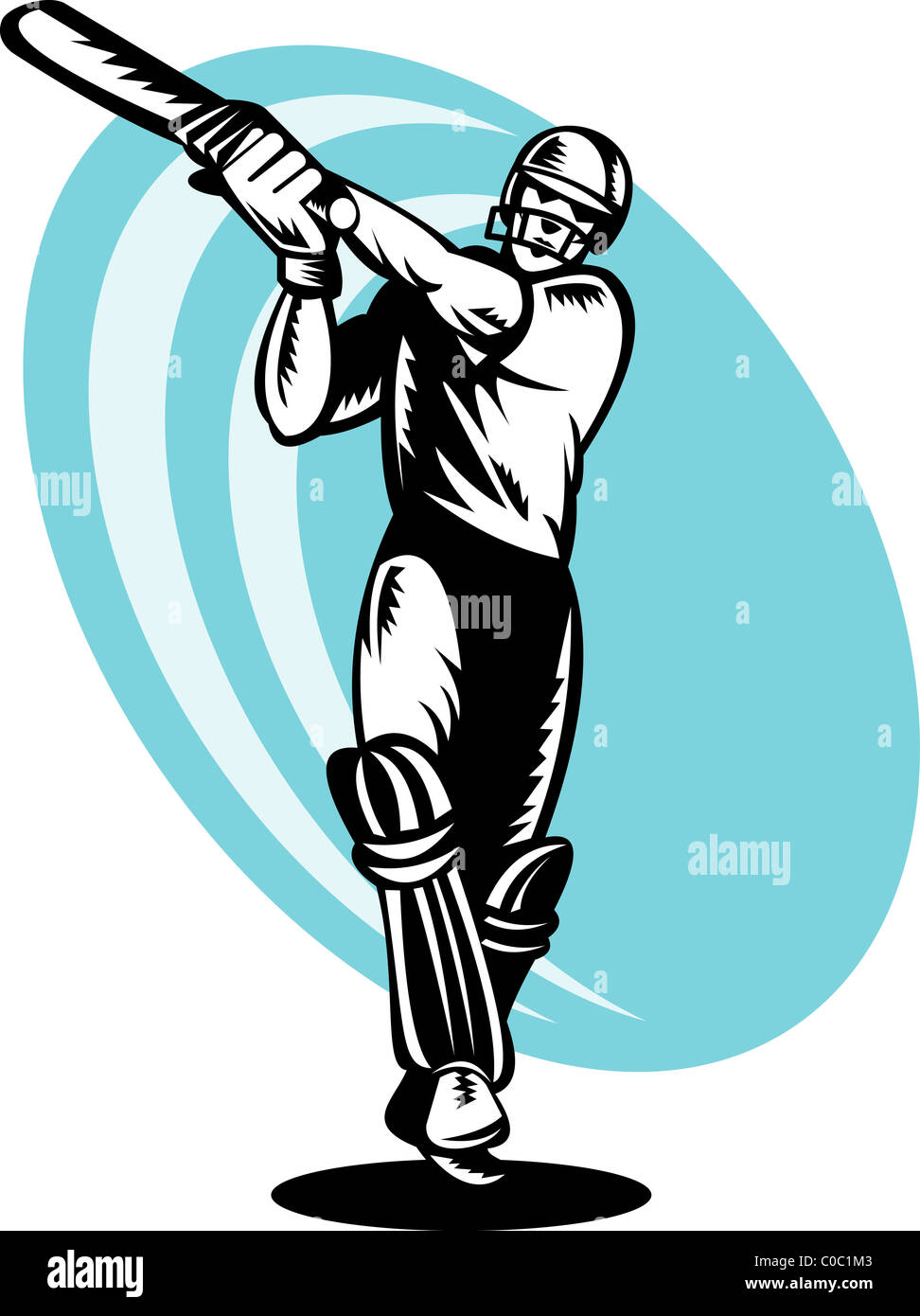 illustration of a cricket batsman batting front view done in woodcut ...