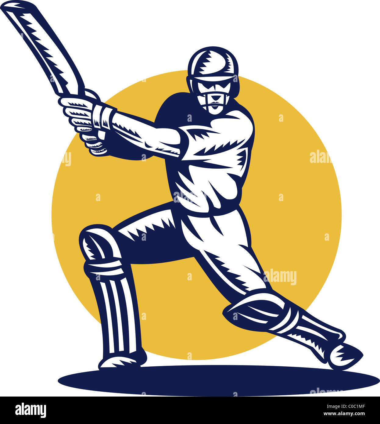 illustration of a cricket batsman batting front view done in woodcut ...