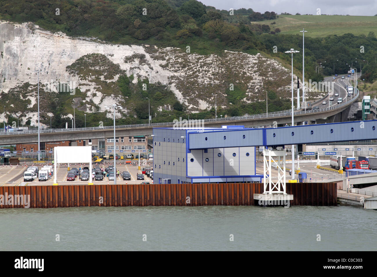Dover harbour and White Cliffs of Dover when viewed from the sea. Kent ...