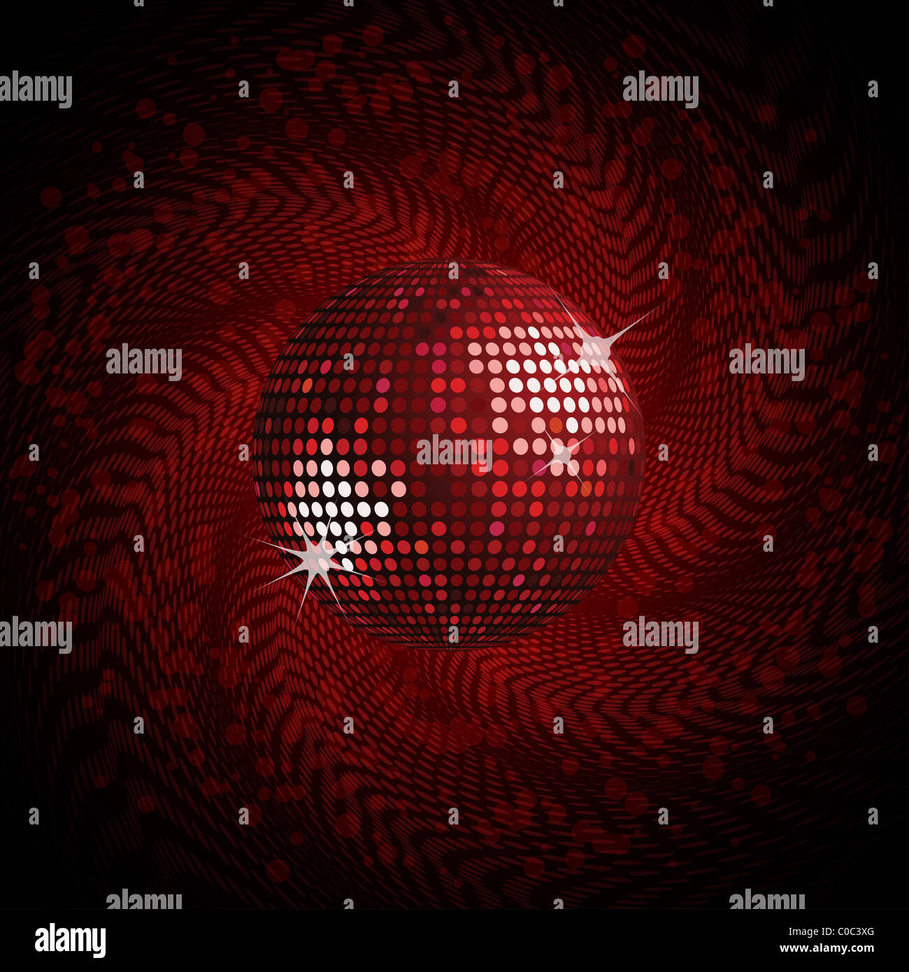 Sparkling red disco ball on a swirling halftone background Stock Photo ...