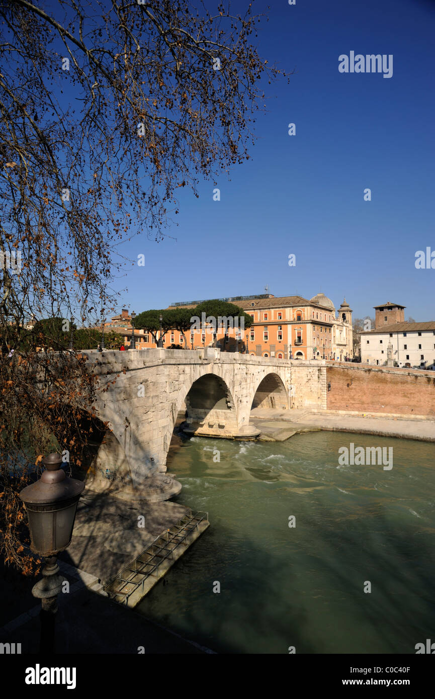 Italy, Rome, Tiber river, Isola Tiberina, Ponte Cestio Roman bridge ...