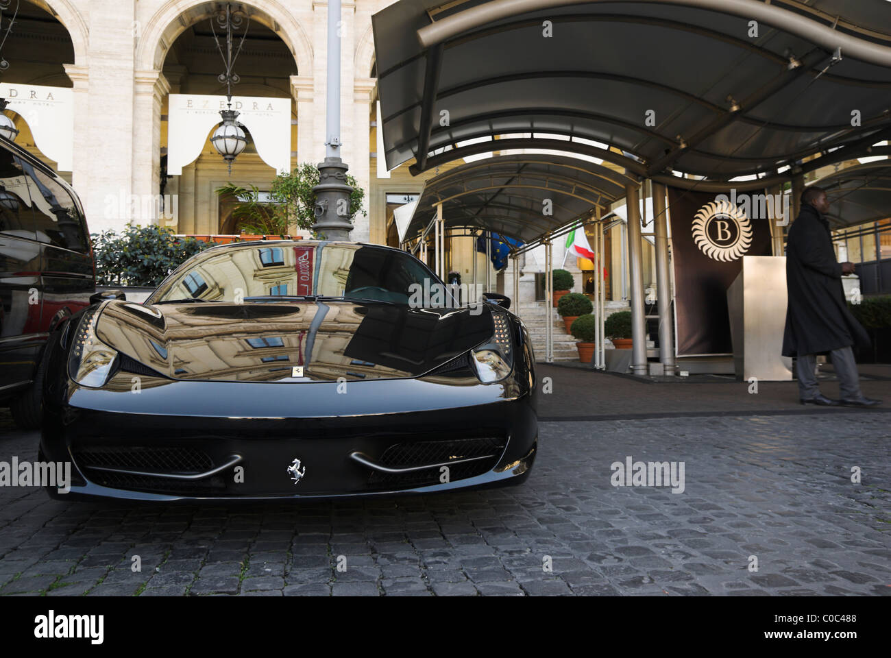 Rome, Italy, black Ferrari parked in piazza della Repubblica Stock ...