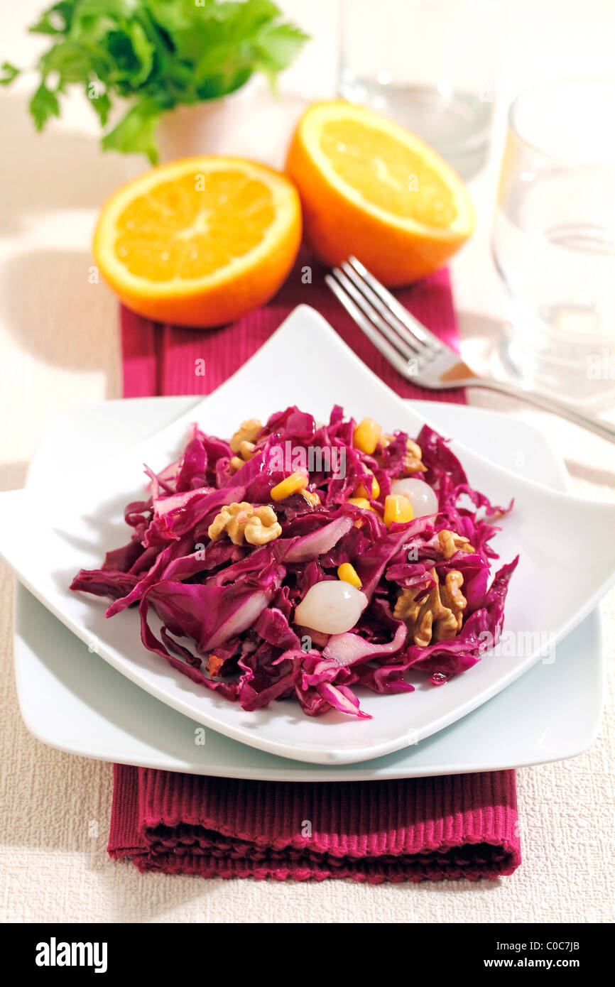 Red cabbage salad with walnuts. Recipe available Stock Photo - Alamy