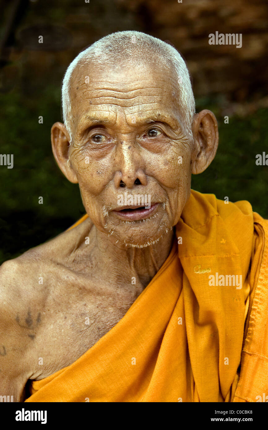 Portrait of aged Buddhist Monk in saffron robe Stock Photo - Alamy