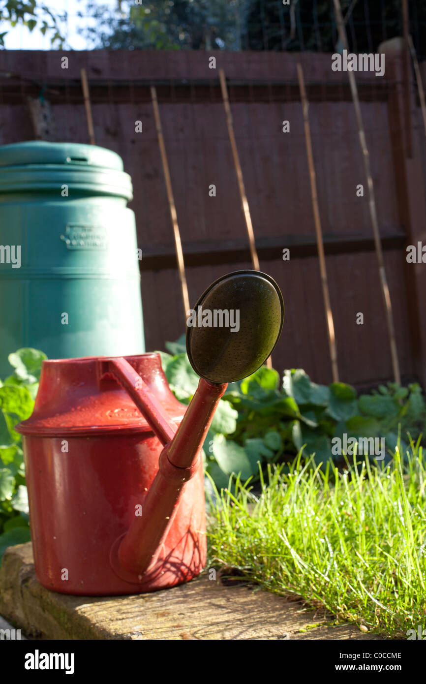 Red watering can in garden Stock Photo - Alamy