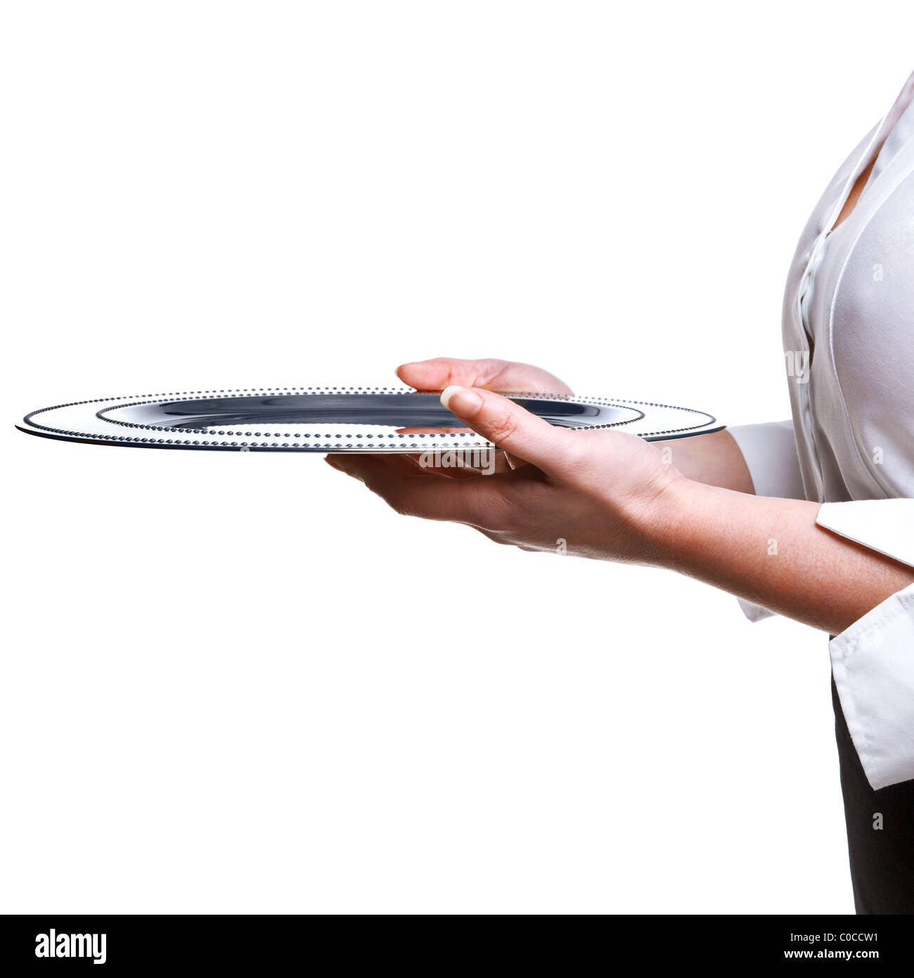 Photo of a waitress holding a silver tray, isolated on white. Good ...