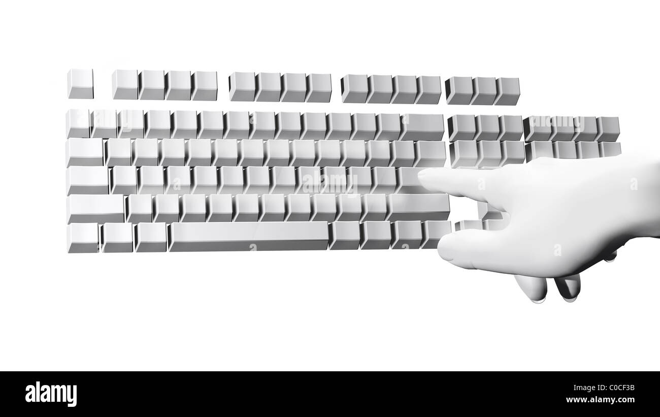 Fantastic hand over the computer keyboard. It is isolated on a white ...
