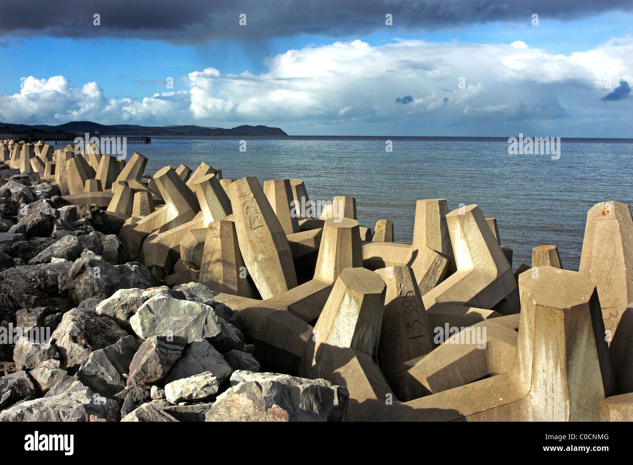 Pre-cast concrete sea defences on the vulnerable North Wales coast at ...