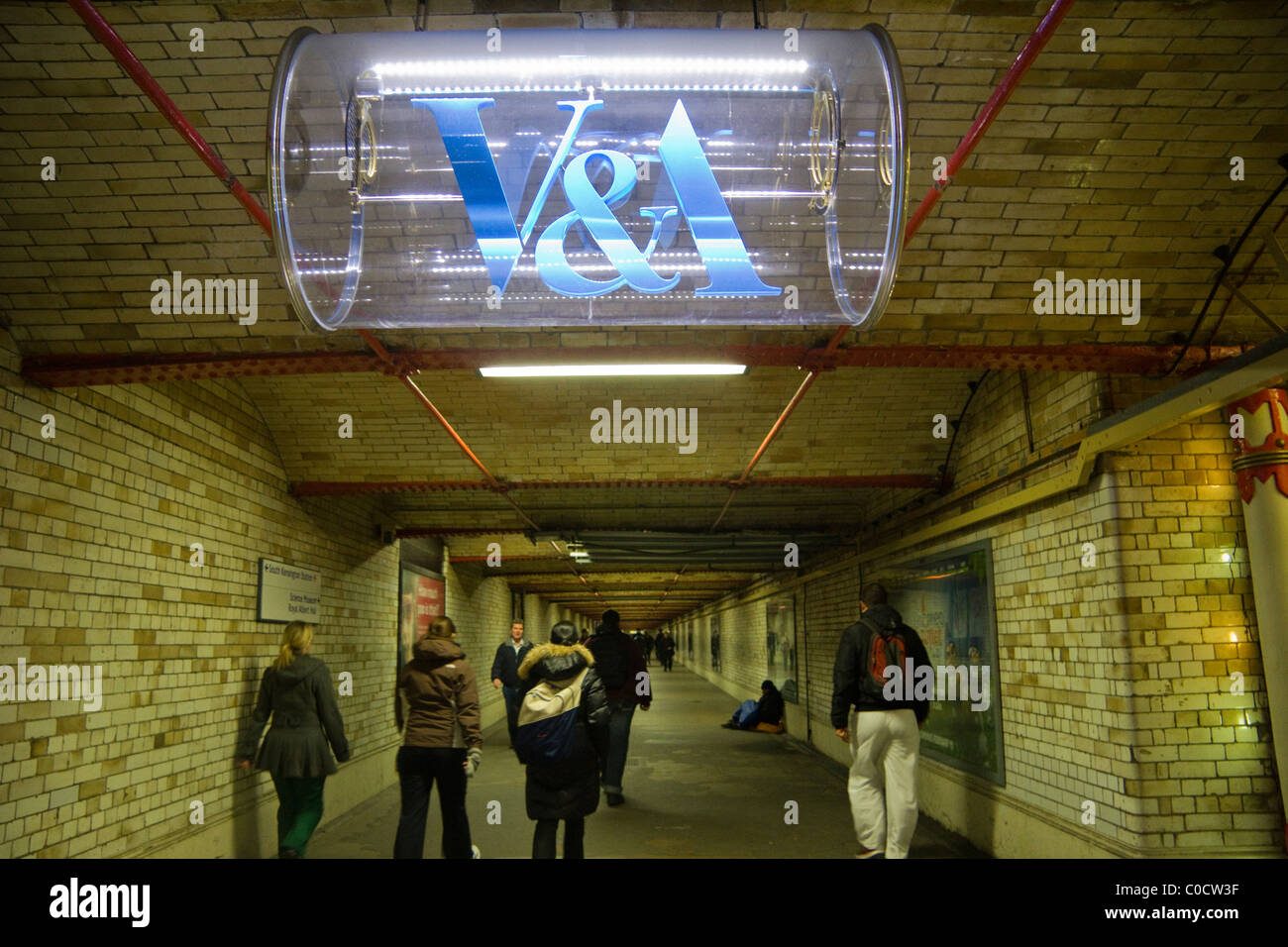 V&A sign in the tunnel linking the museums in South Kensington London ...