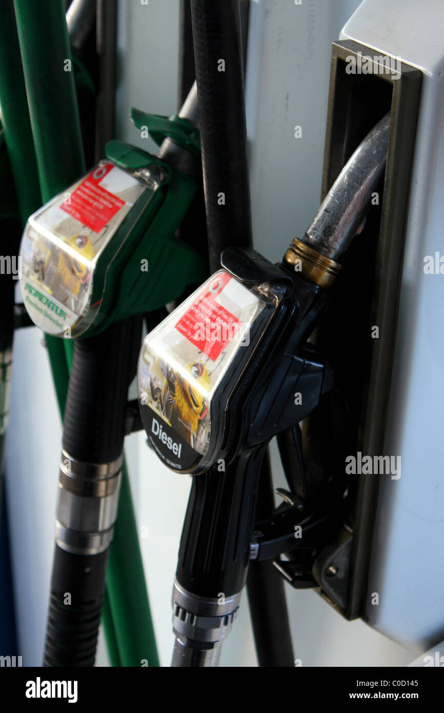 An empty petrol station forecourt with unleaded and diesel fuel closed ...