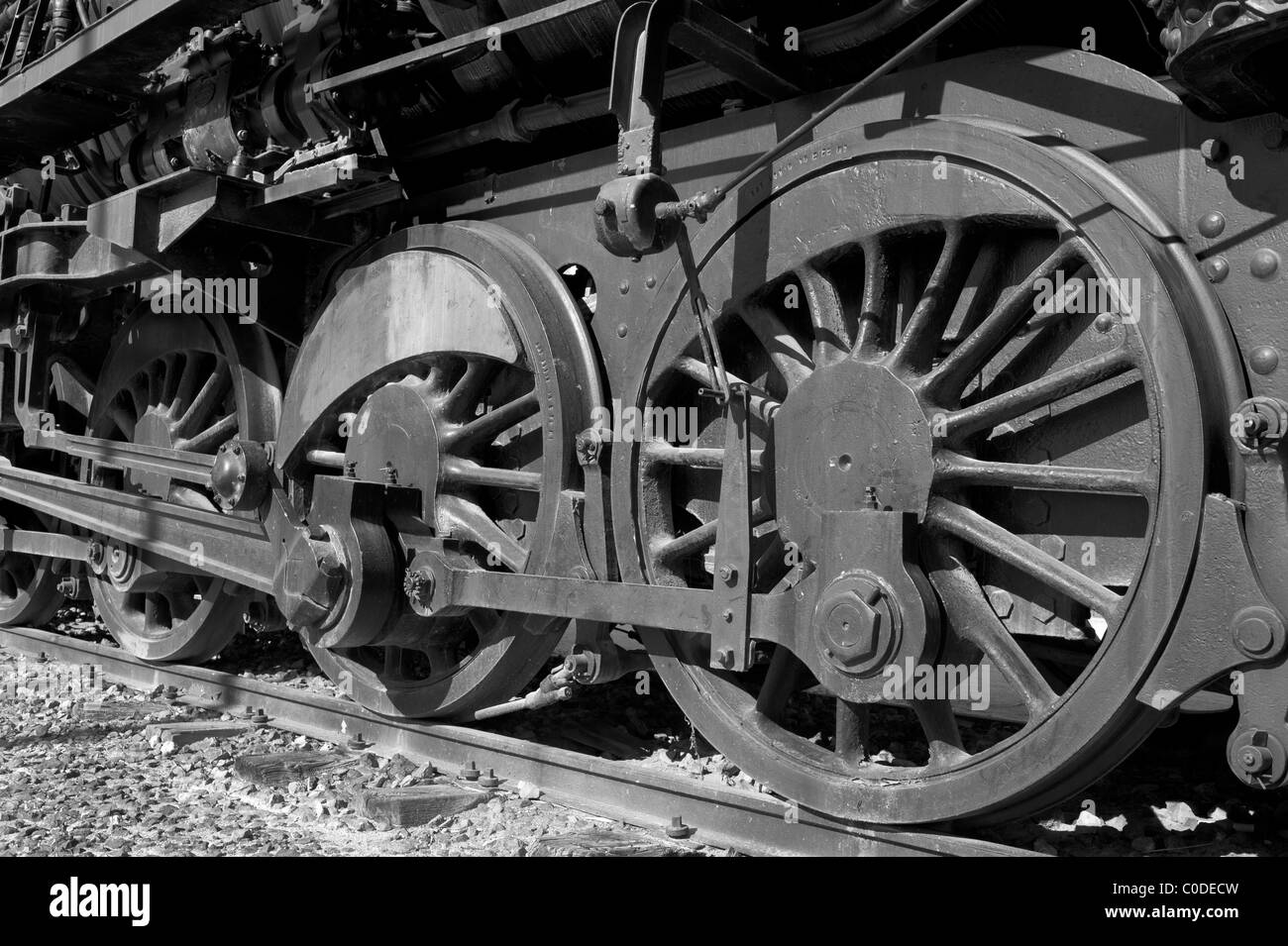 Detail take of wheels and transmission of a historic steam locomotive ...