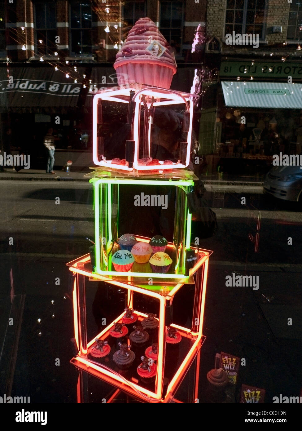 Neon window display in Cox Cookies & Cake Shop Soho London England ...