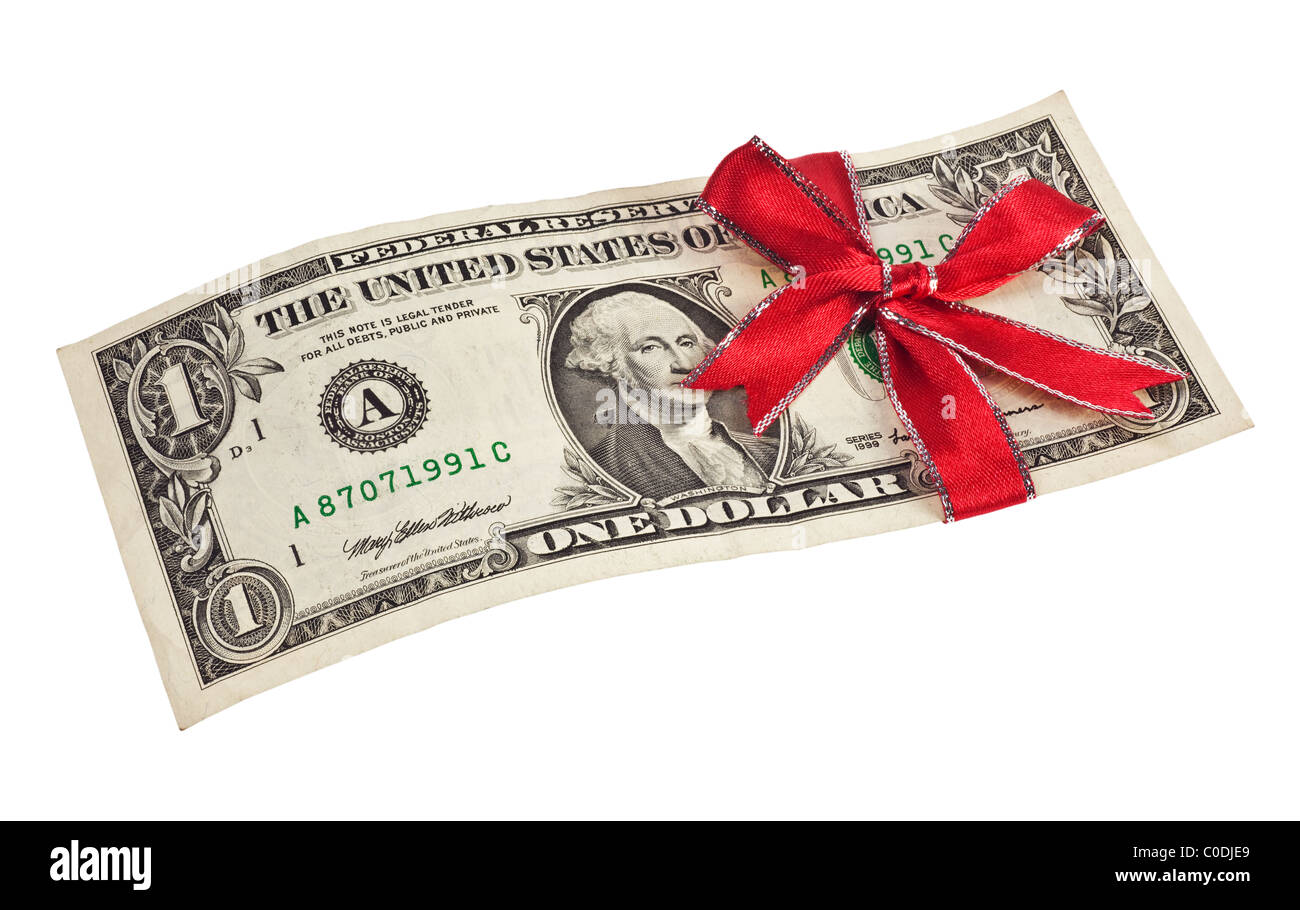 One US dollar bill wrapped by ribbon isolated on white background Stock ...
