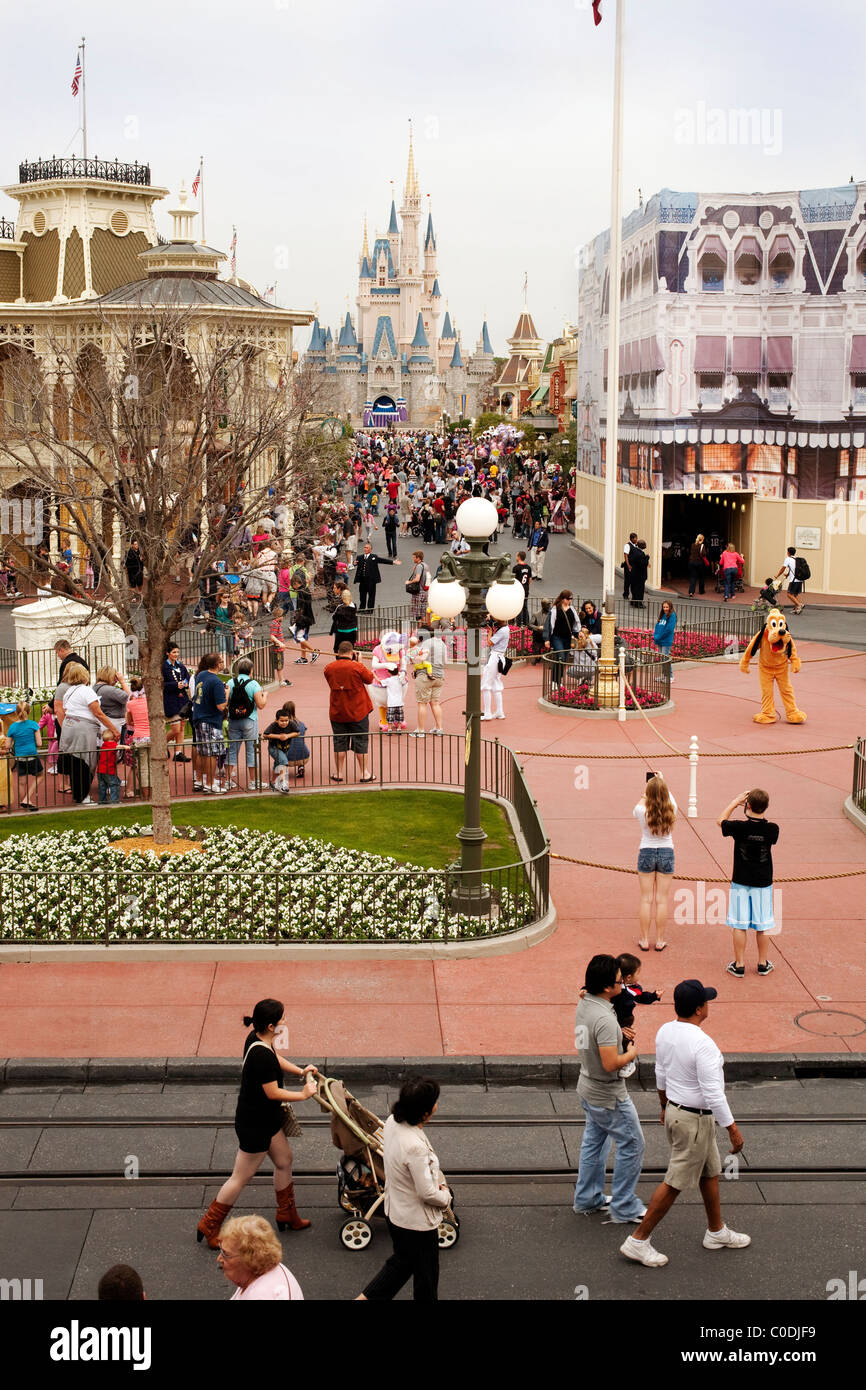 Main Street, USA as seen from the railroad station in the Magic Kingdom theme park at Disney ...