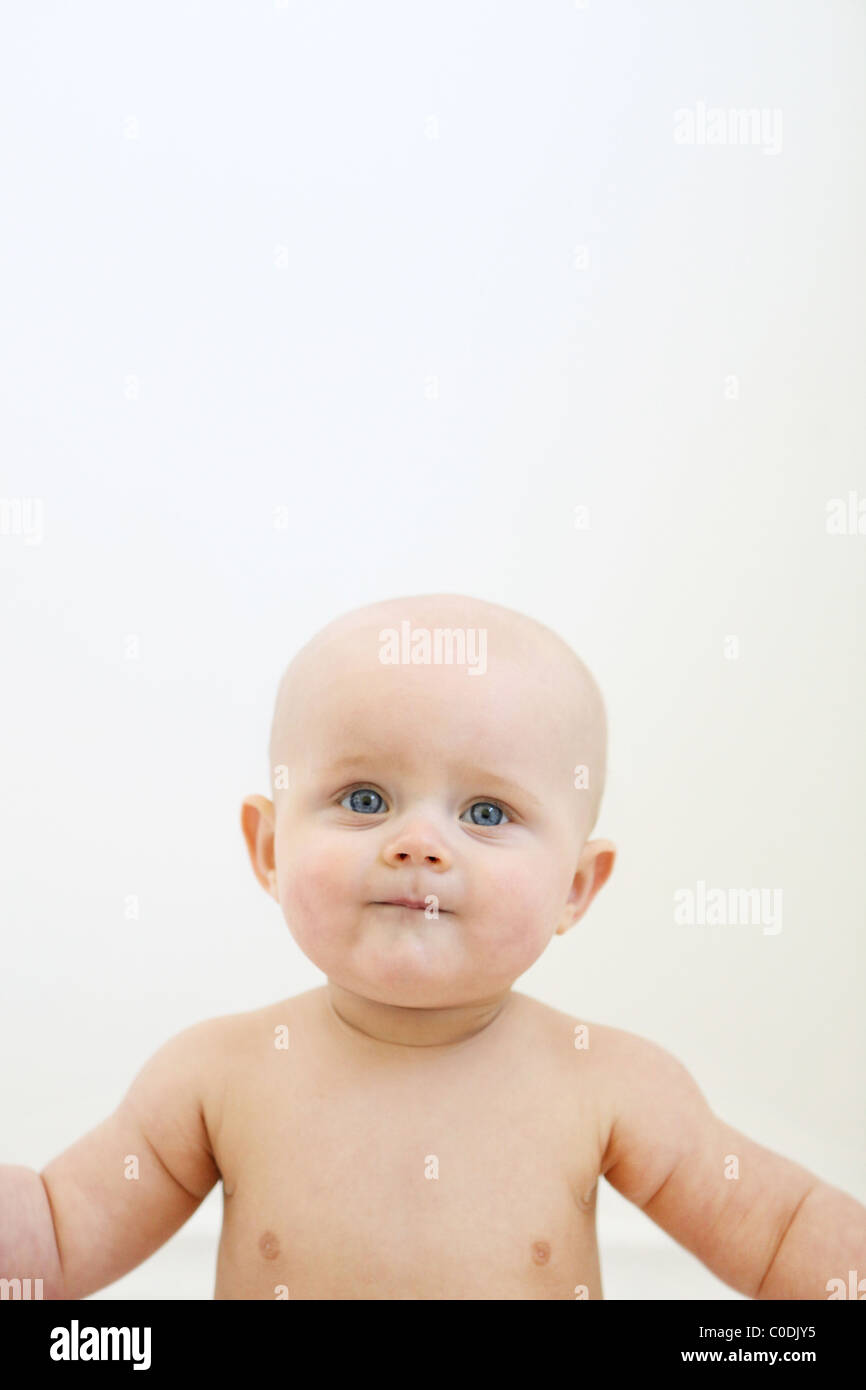 Bald baby in front of white background Stock Photo - Alamy