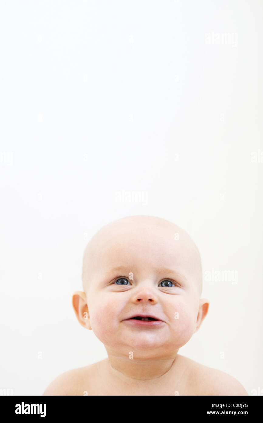 Bald baby in front of white background Stock Photo - Alamy