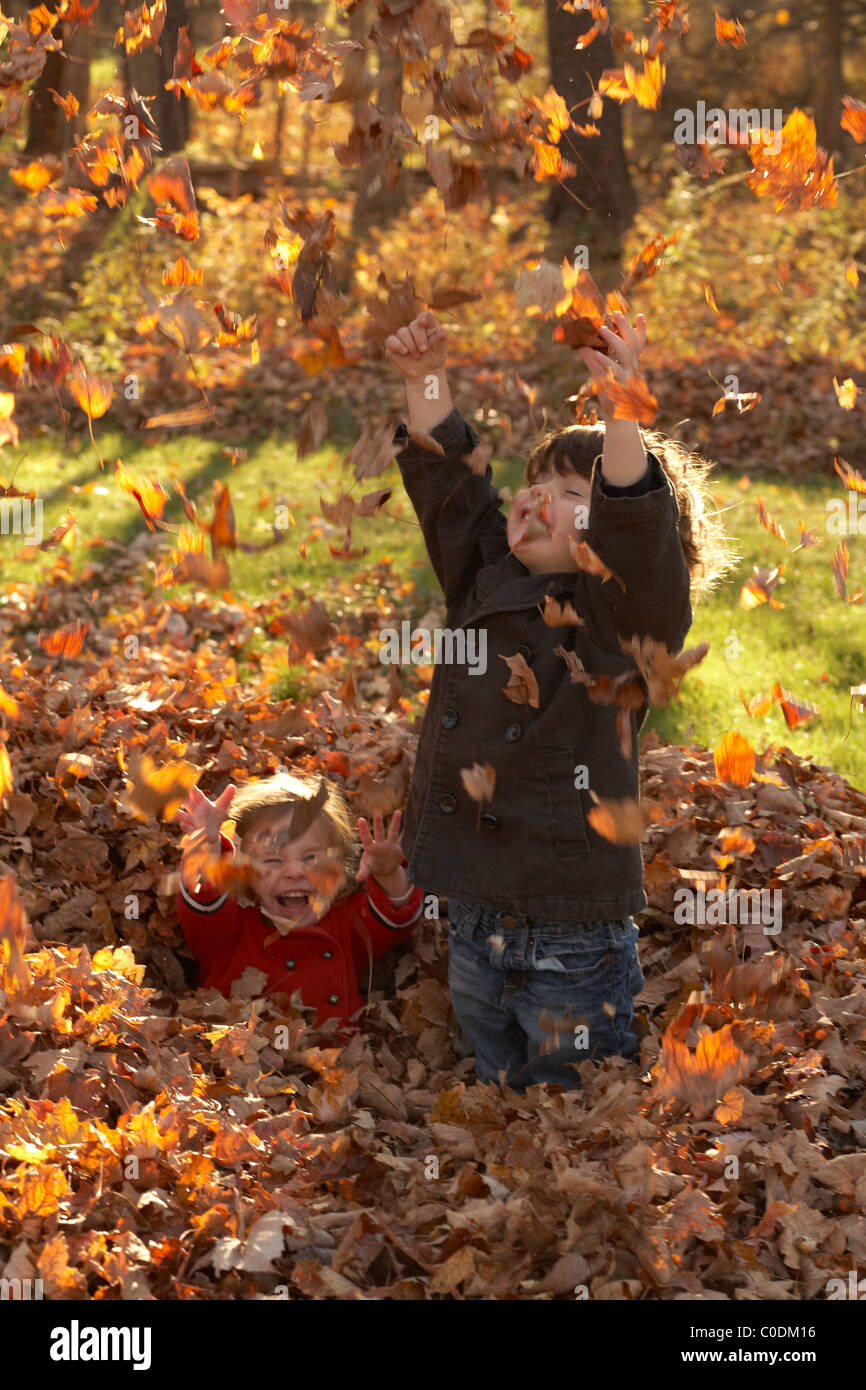Kids playing in the fall leaves Stock Photo - Alamy