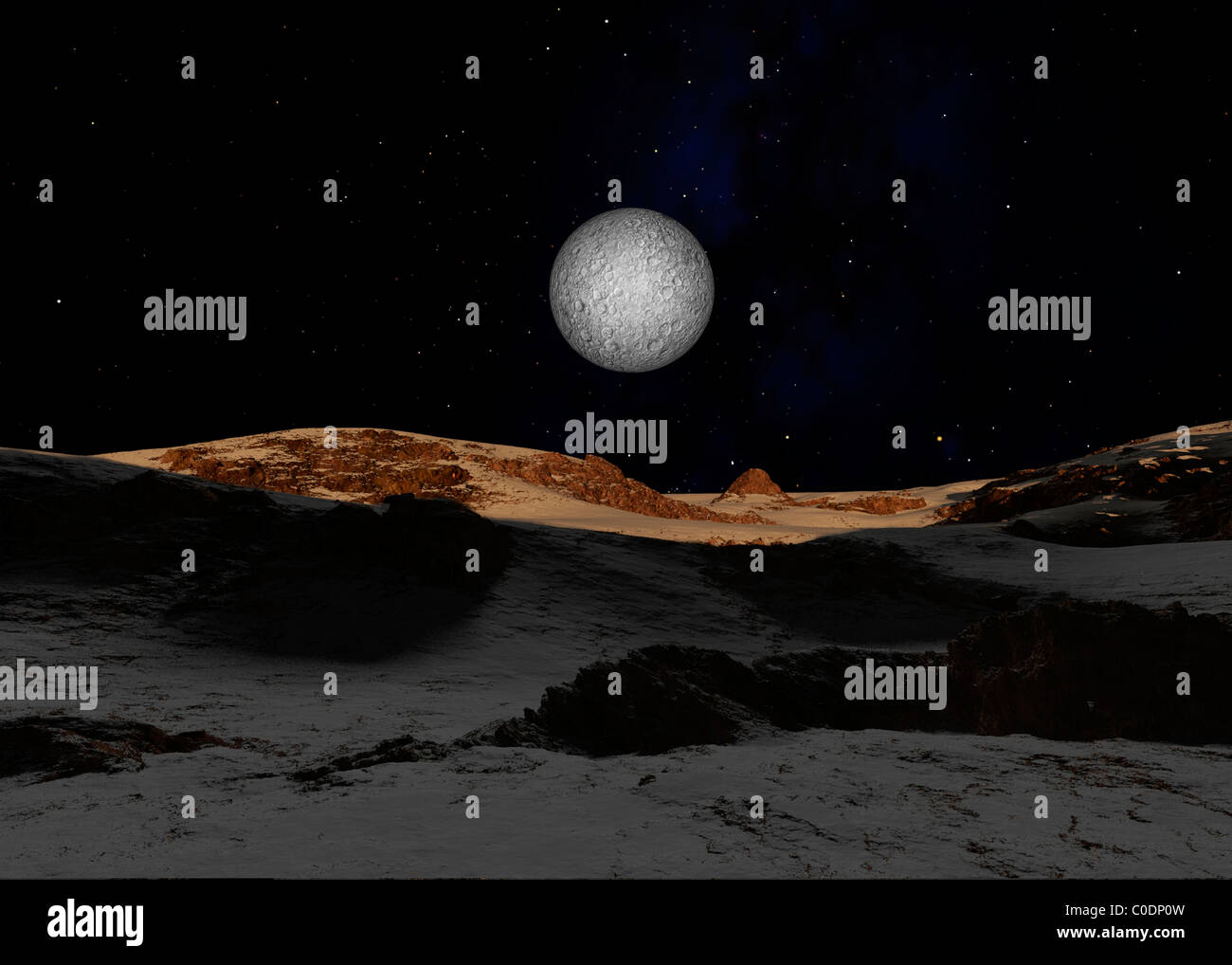 The surface of Pluto with Charon in the sky Stock Photo - Alamy