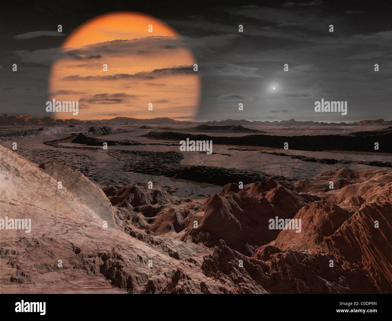 A binary star system consisting of a red giant and a white dwarf, seen ...