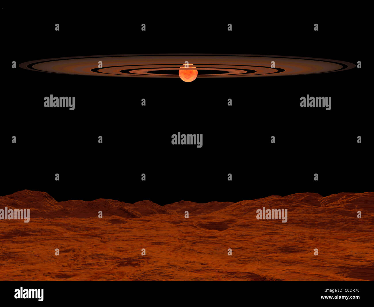 A view across a hypothetical barren alien planet towards a brown dwarf ...