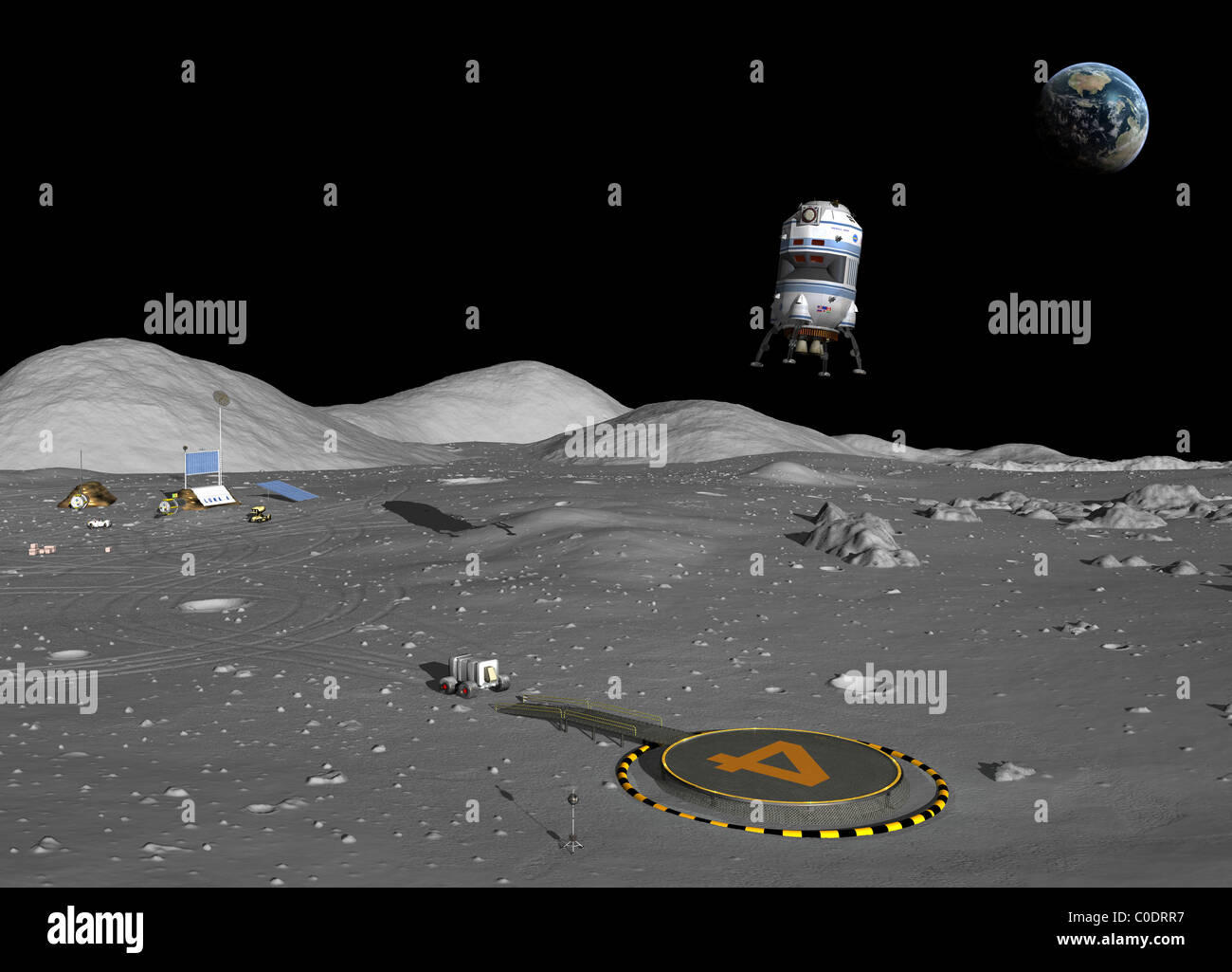A dedicated lunar shuttle descends toward a manned outpost on the Moon ...