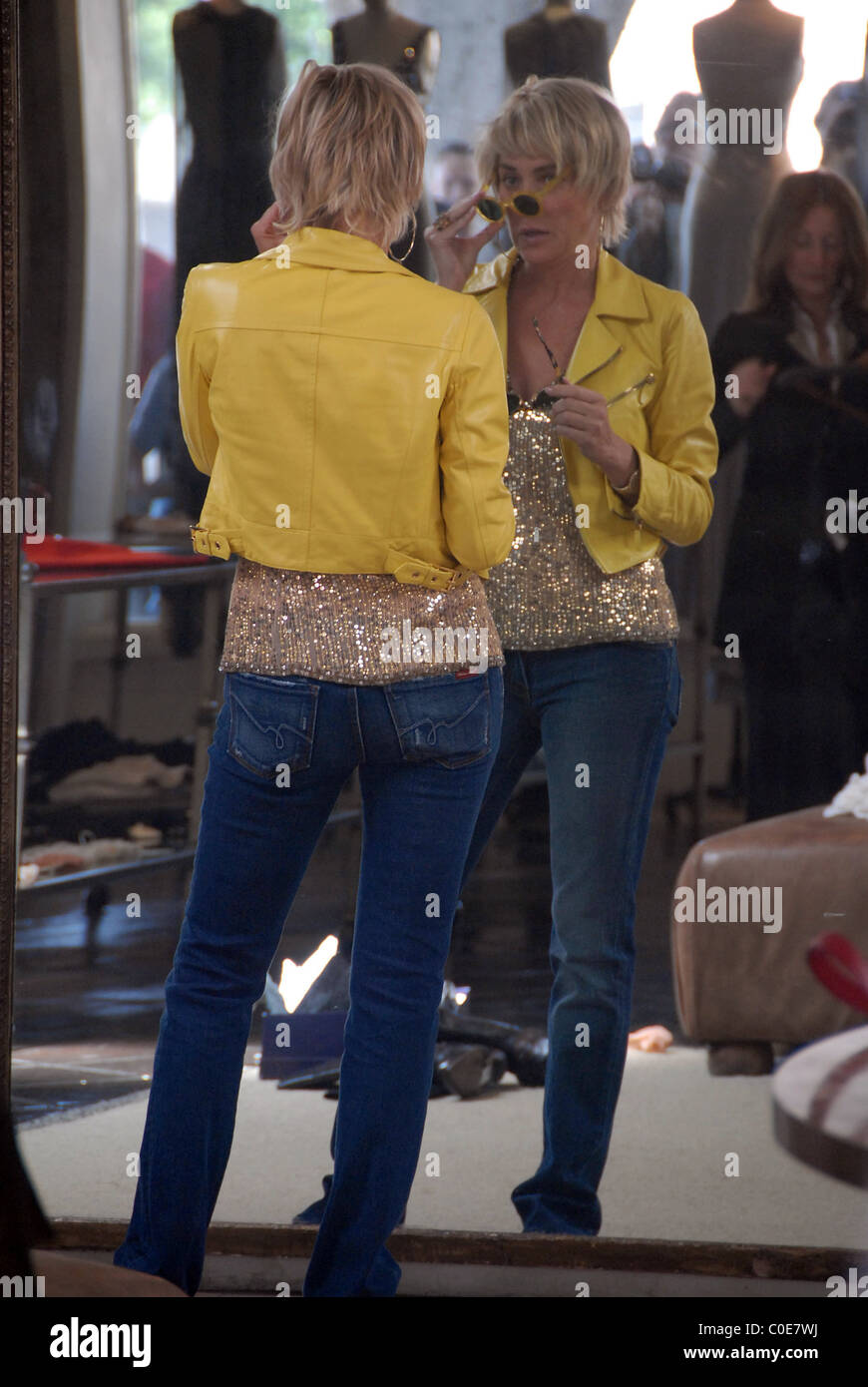 Sharon Stone trys on clothes at Les Habitudes Los Angeles, California ...