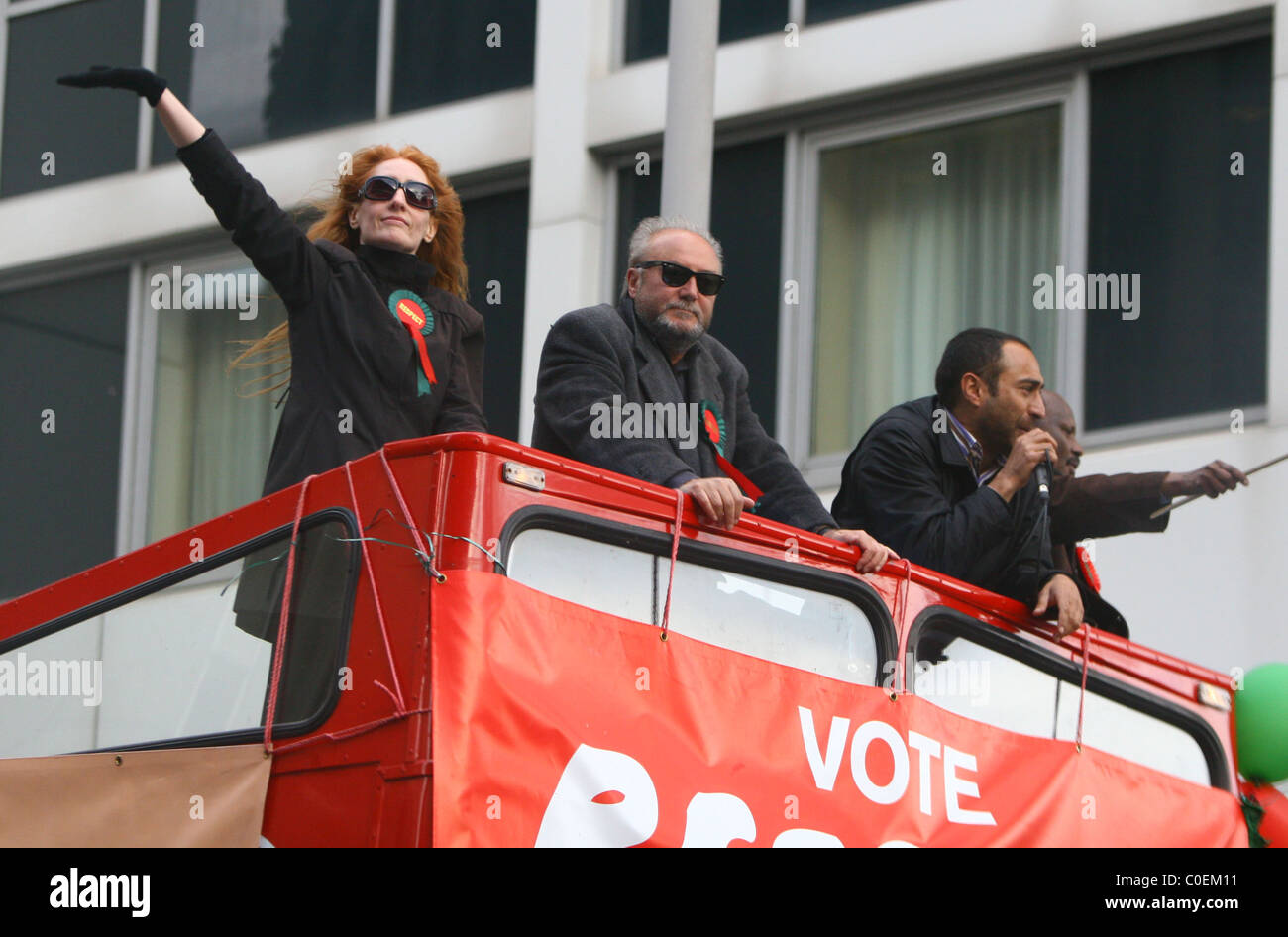 George Galloway, leader of the Respect Party on his open-top battle bus ...