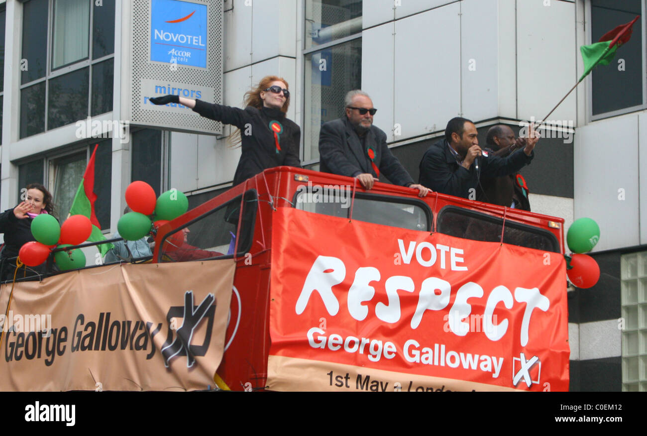 George Galloway, leader of the Respect Party on his open-top battle bus ...