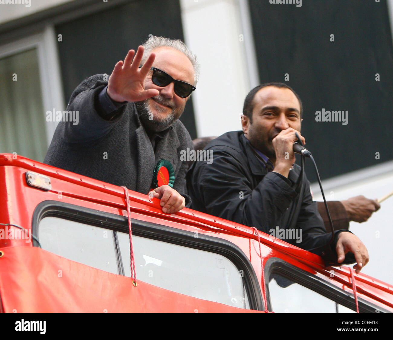 George Galloway, leader of the Respect Party on his open-top battle bus ...