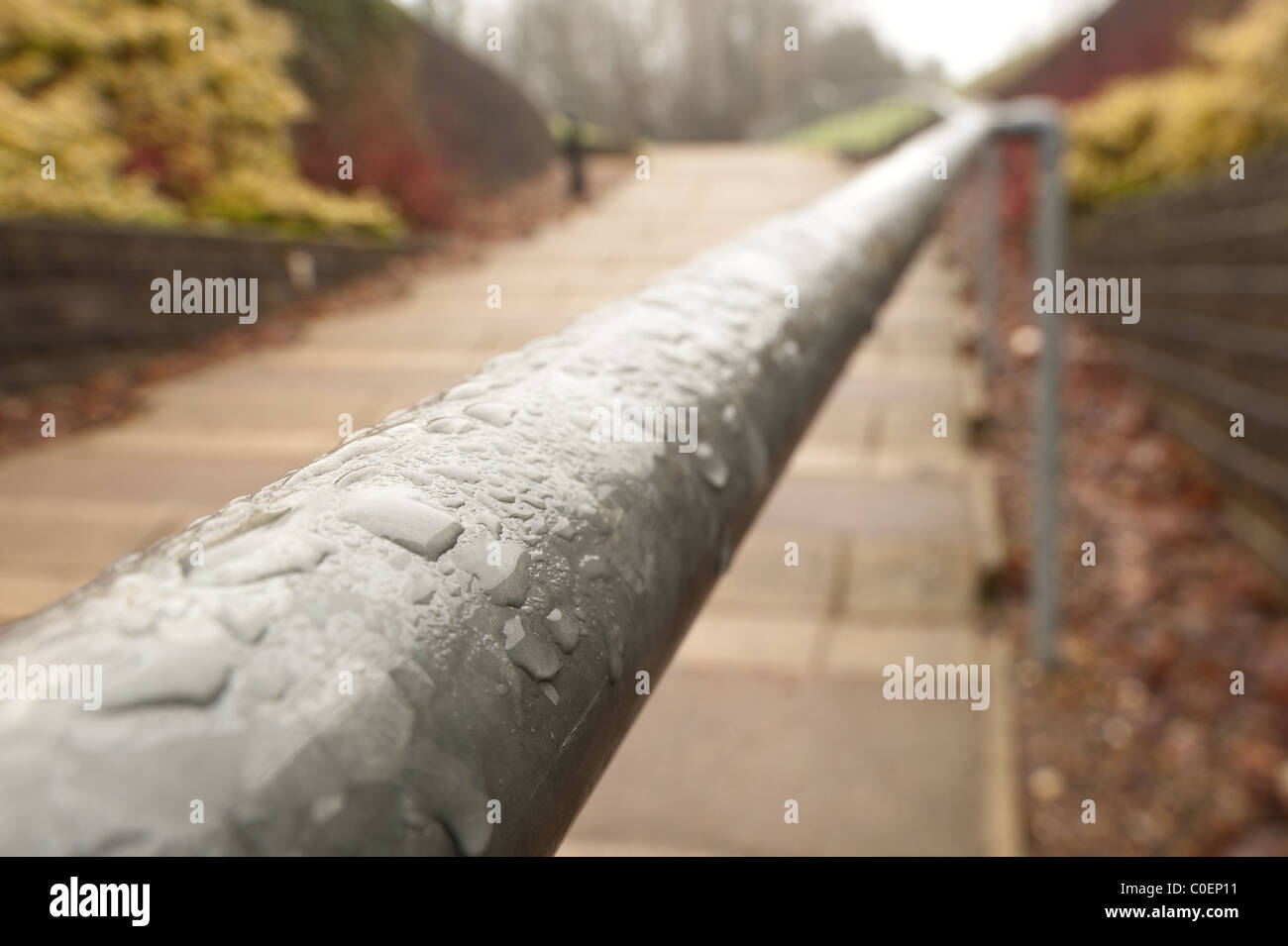 hand rail coated with rain droplets Stock Photo - Alamy