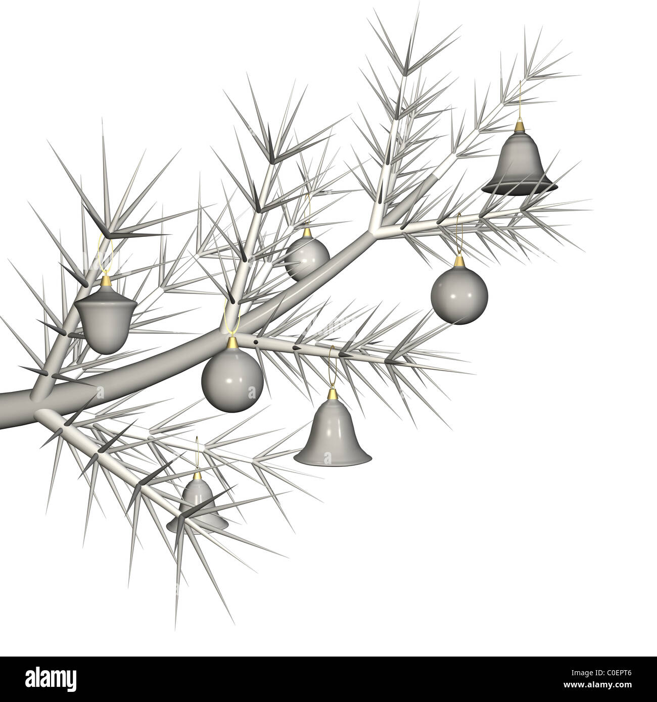 Fir-tree toys of one color on a fir-tree branch, it is isolated, 3d ...