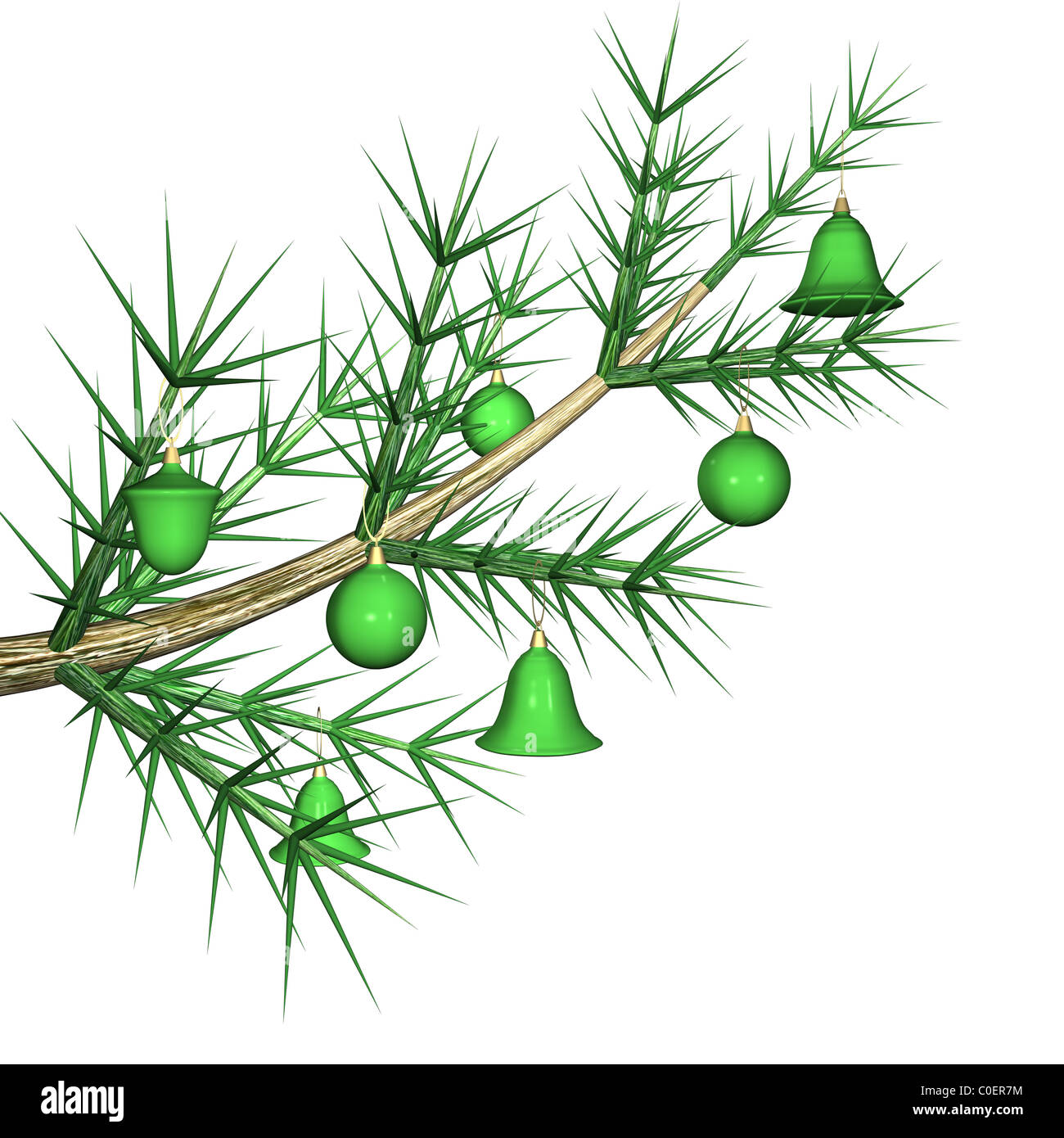 Fir-tree toys of one color on a fir-tree branch, it is isolated, 3d ...
