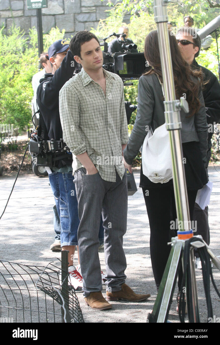 Penn Badgley on the set of 'Gossip Girl' filming in Manhattan New York ...