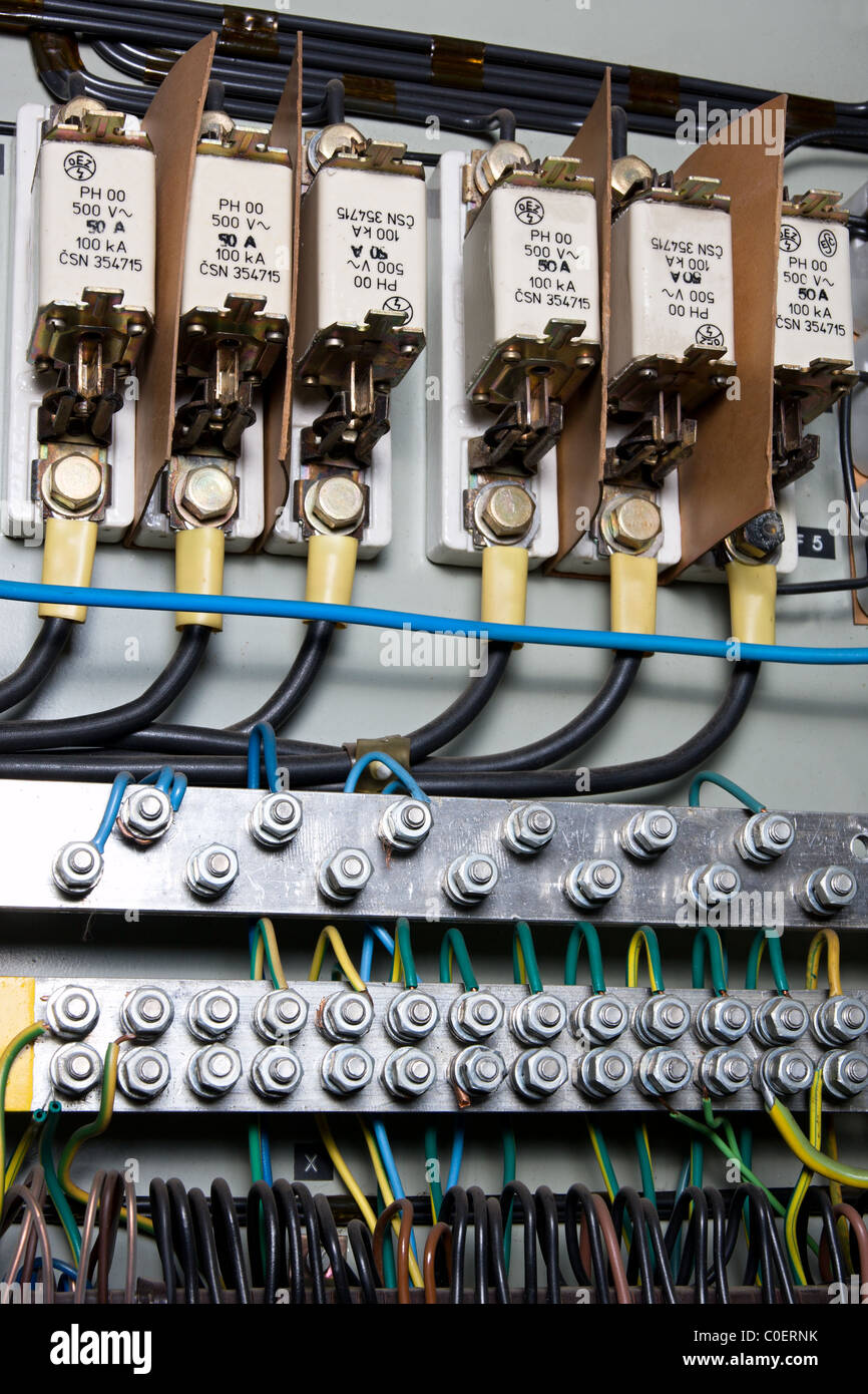 Old control panel with static energy meters and circuit-breakers Stock ...