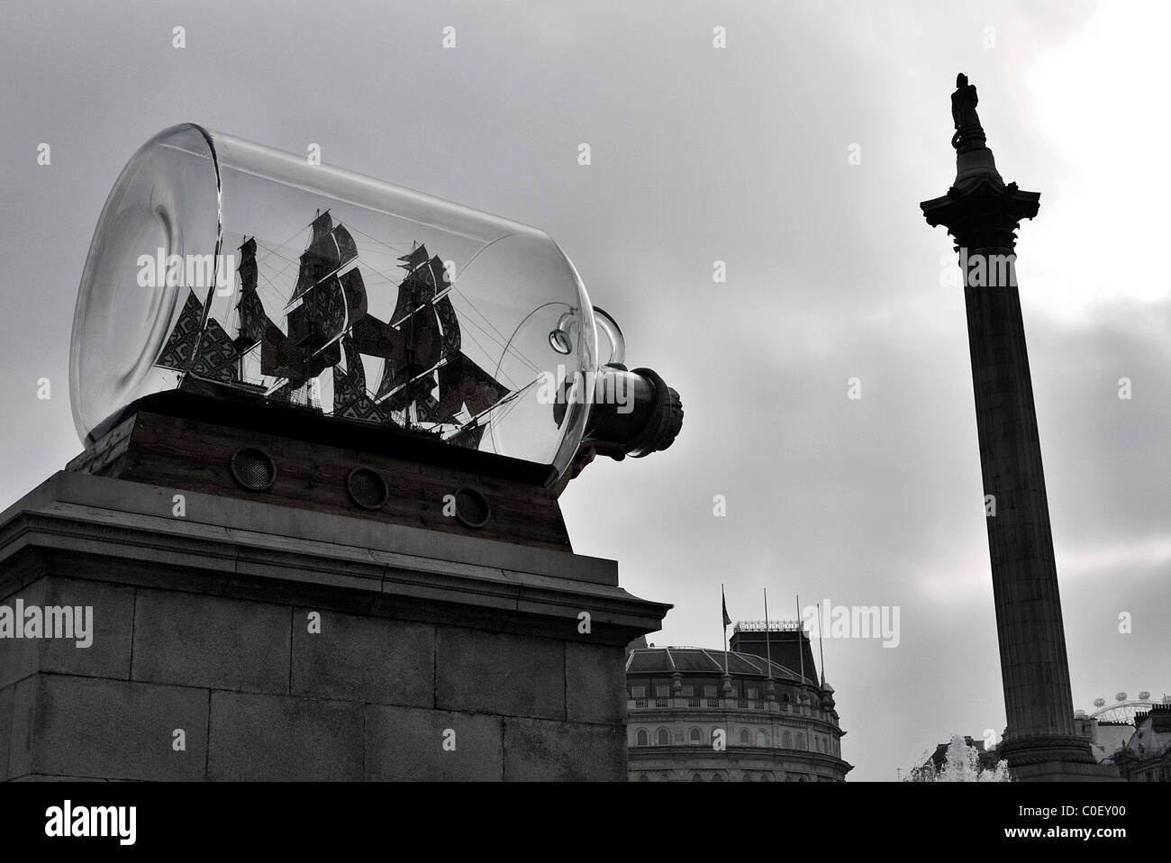 Model of HMS Victory in a bottle on the fourth plith in Traphelgar Sq ...